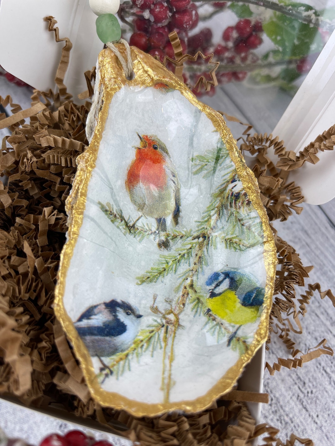 Large Winter Bird Theme Oyster Shell Ornaments With Gold Accents and ...