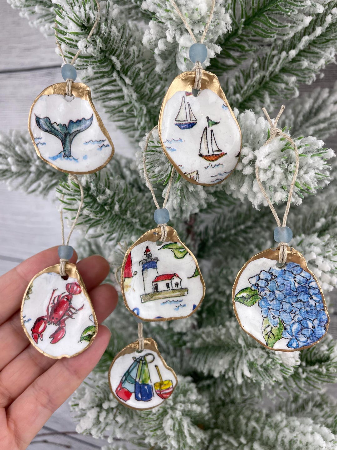 Set of 6 Mini Cape Cod Themed Oyster Shell Ornaments With Gold Accents ...