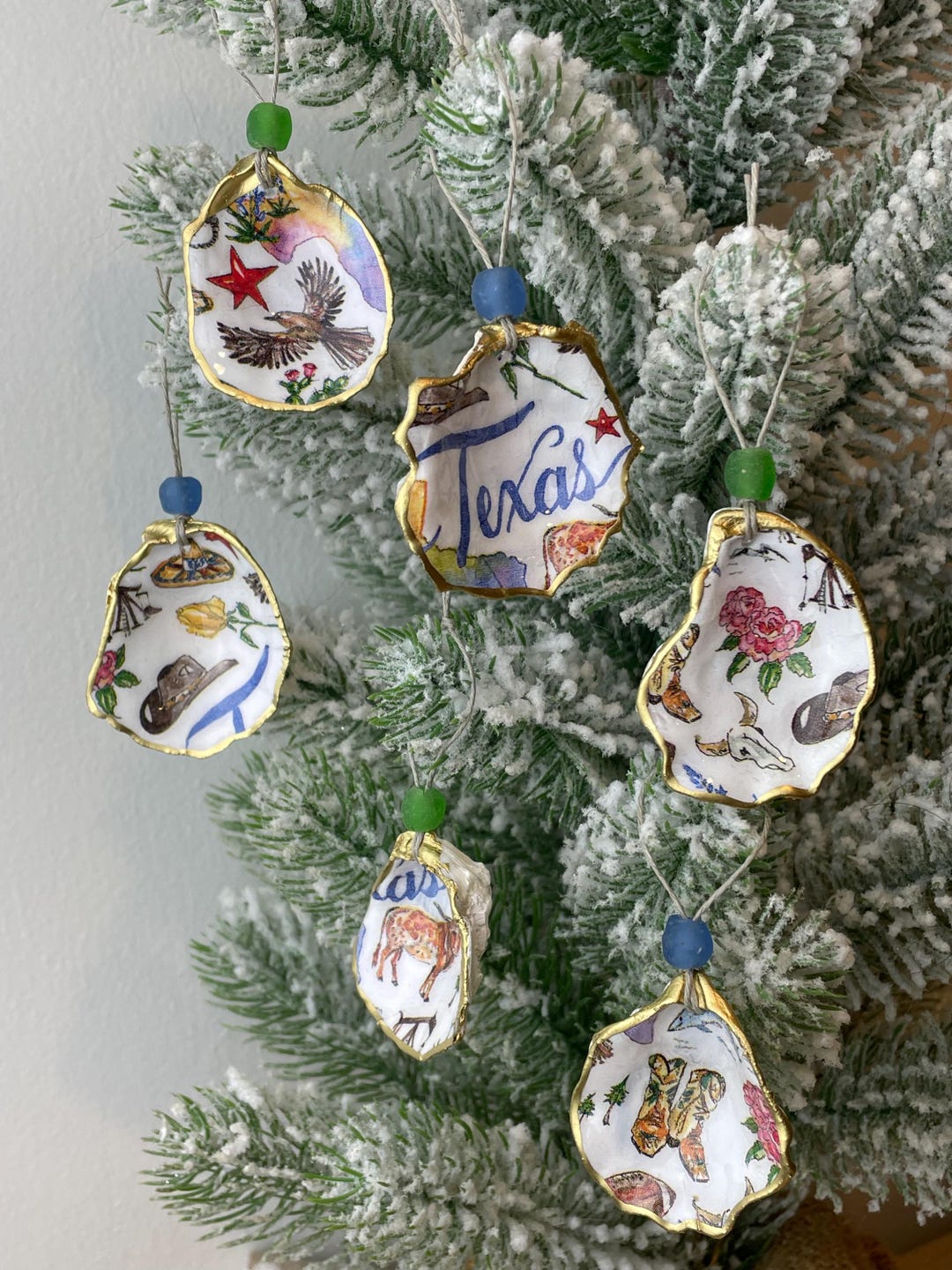 Set of 6 Mini Texas Themed Oyster Shell Ornaments With Gold Accents and ...