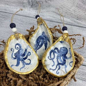Set of 3 Turtle and Octopus Oyster Shell Ornaments With Gold Accents ...