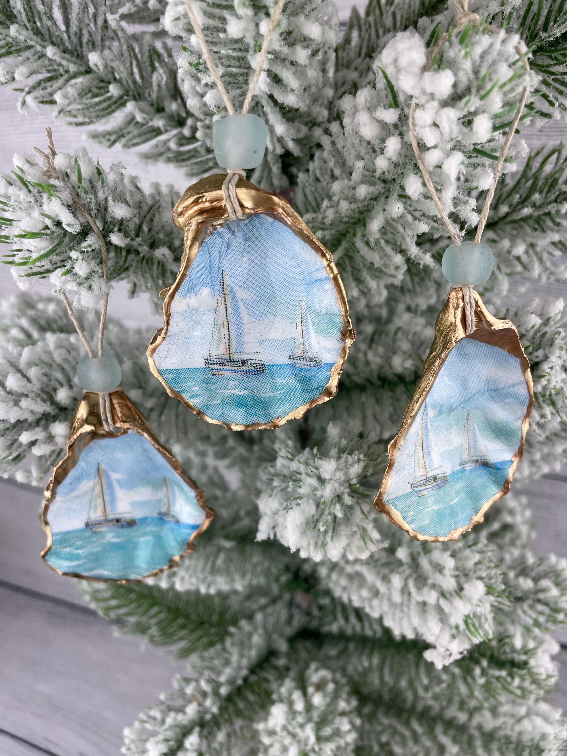 Set of 3 Mini Sailboat Oyster Shell Ornaments With Gold Accents and ...