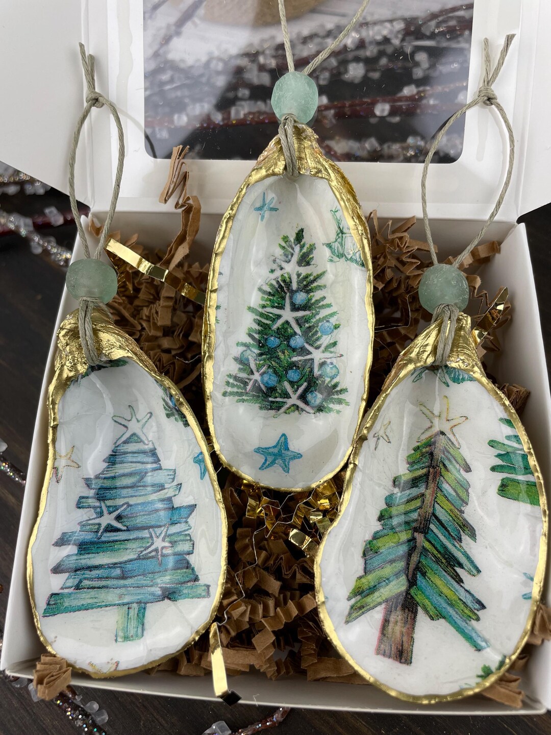 Set of Three Beach Christmas Tree Oyster Shell Ornaments With Gold ...