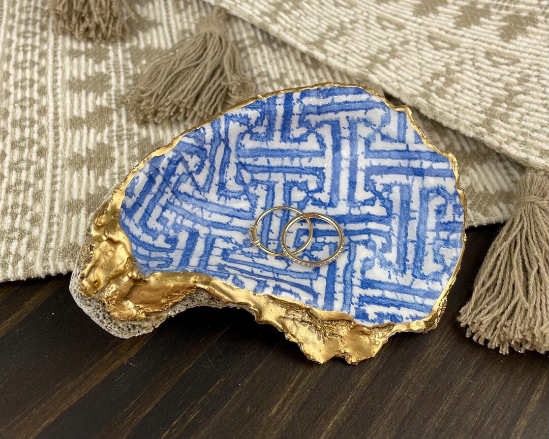 Blue and White Patterned Oyster Shell Ring Dish, Epoxied Dish, Coastal ...