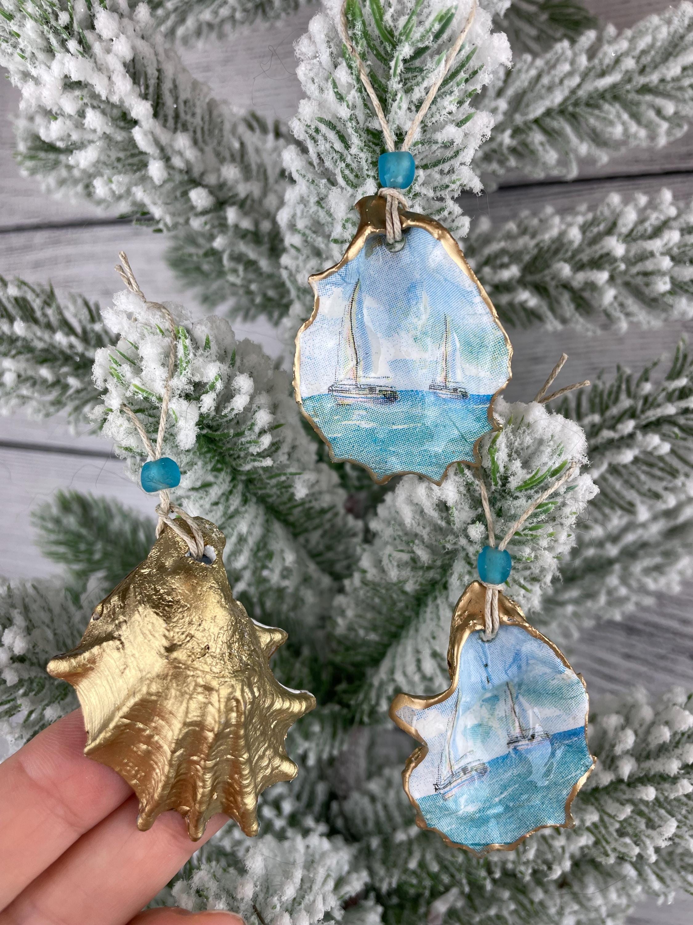 Set of 3 Mini Sailboat Oyster Shell Ornaments With Gold Accents and ...