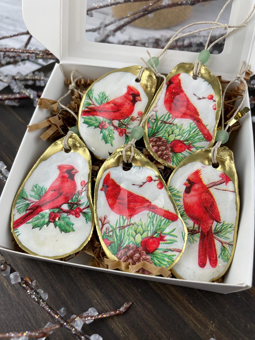 Set of 5 Mini Cardinal Oyster Shell Ornaments With Gold Accents and ...