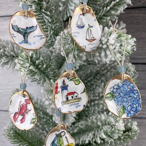 Set of 6 Mini Cape Cod Themed Oyster Shell Ornaments With Gold Accents ...