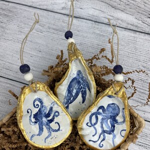 Set of 3 Turtle and Octopus Oyster Shell Ornaments With Gold Accents ...