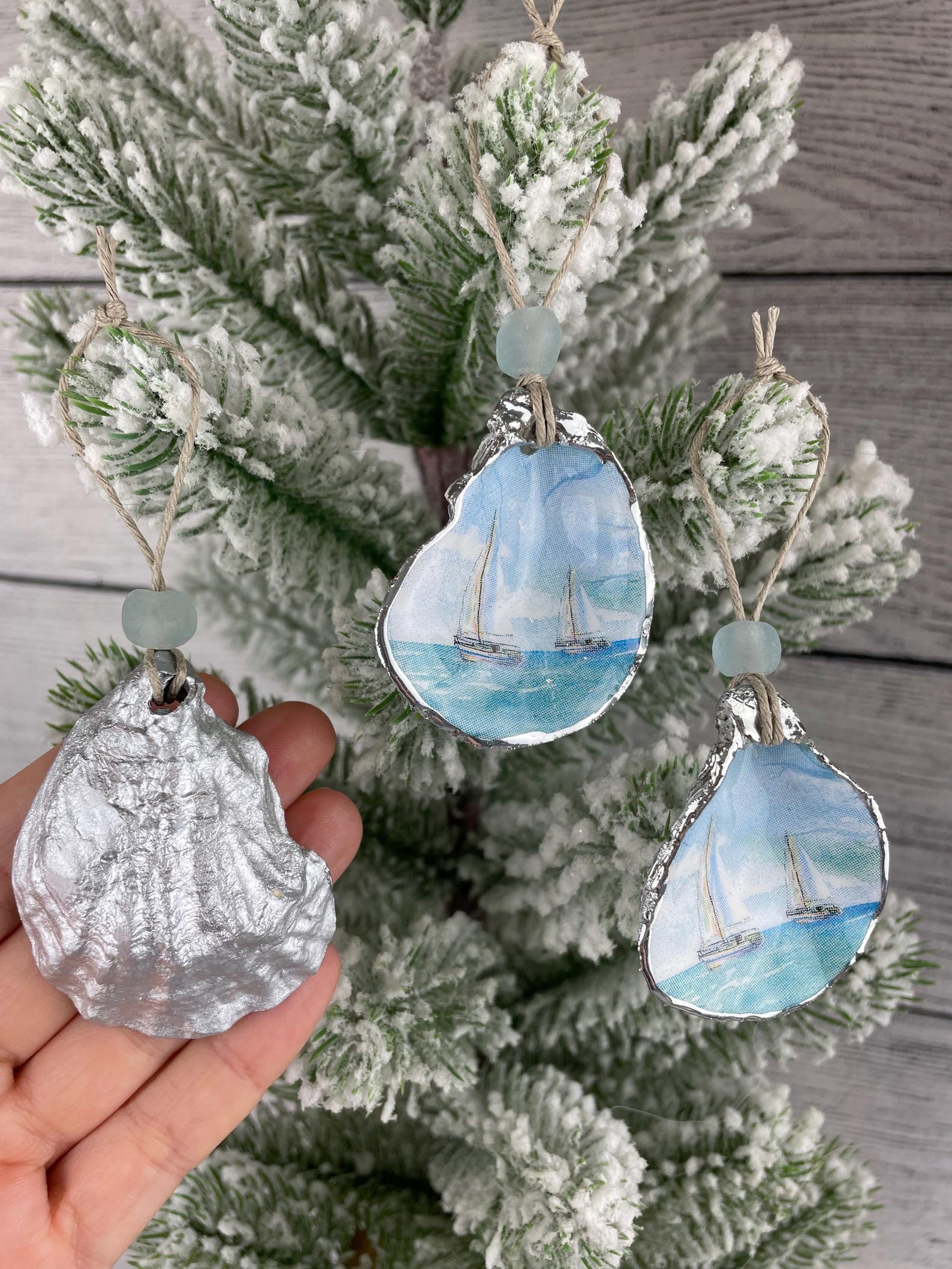 Set of 3 Mini Sailboat Oyster Shell Ornaments With Silver Accents and ...