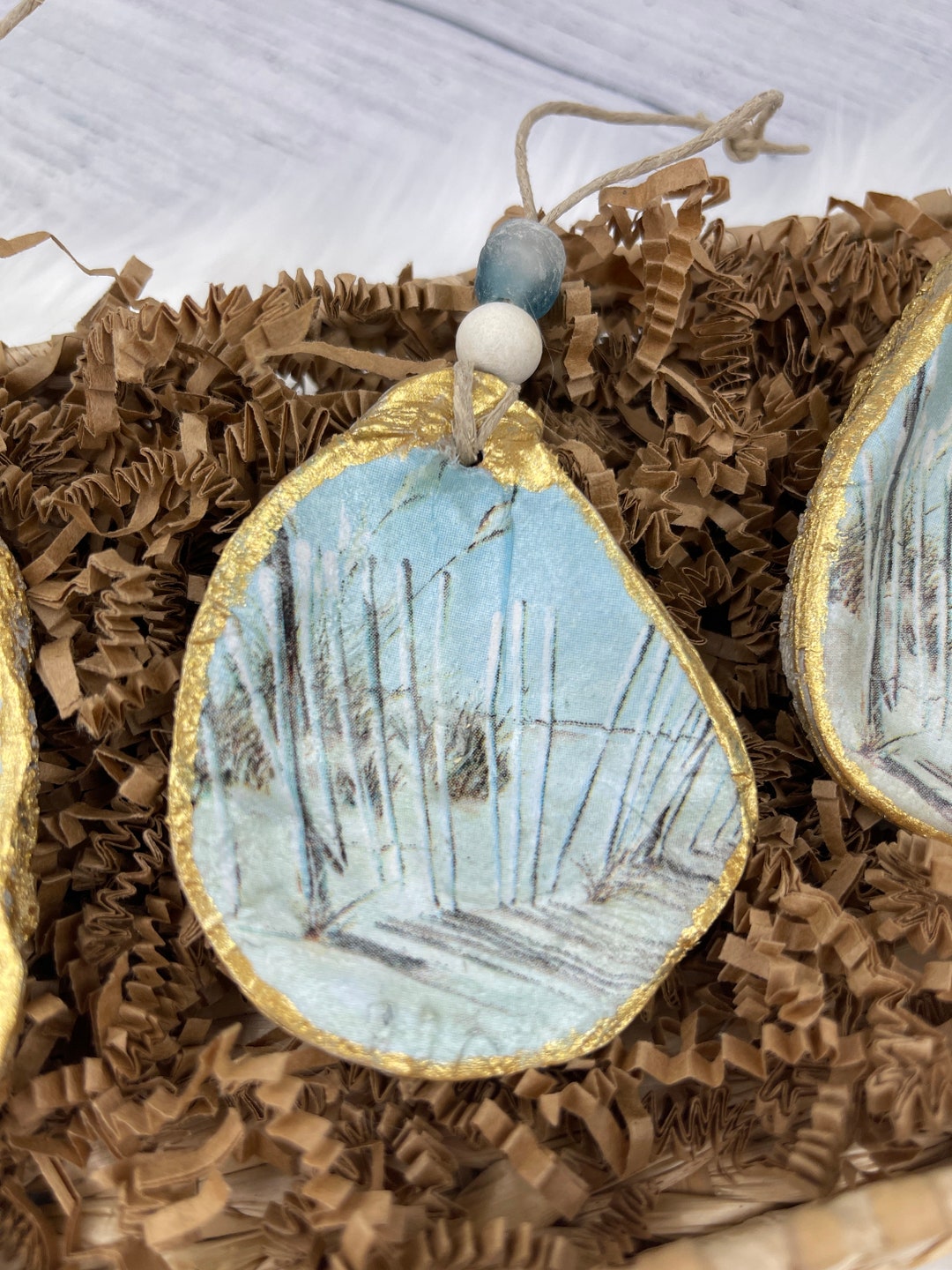 Ocean and Sand Dune Shell Ornament With Gold Accents and Glass Bead, Coastal Decor, Beach ...