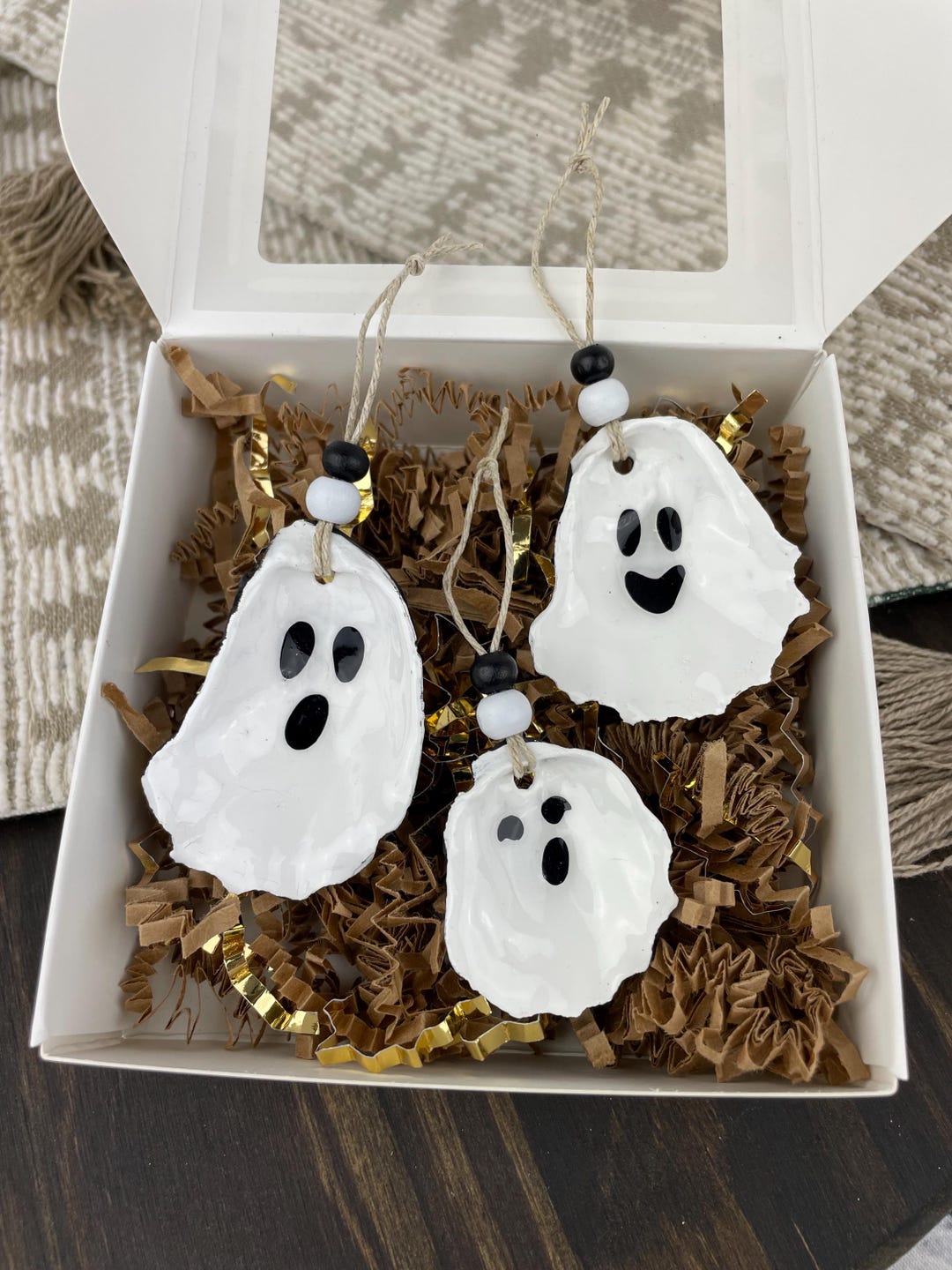 Set of 3 Mini Cute Ghost Oyster Shell Ornaments, Halloween Decor ...
