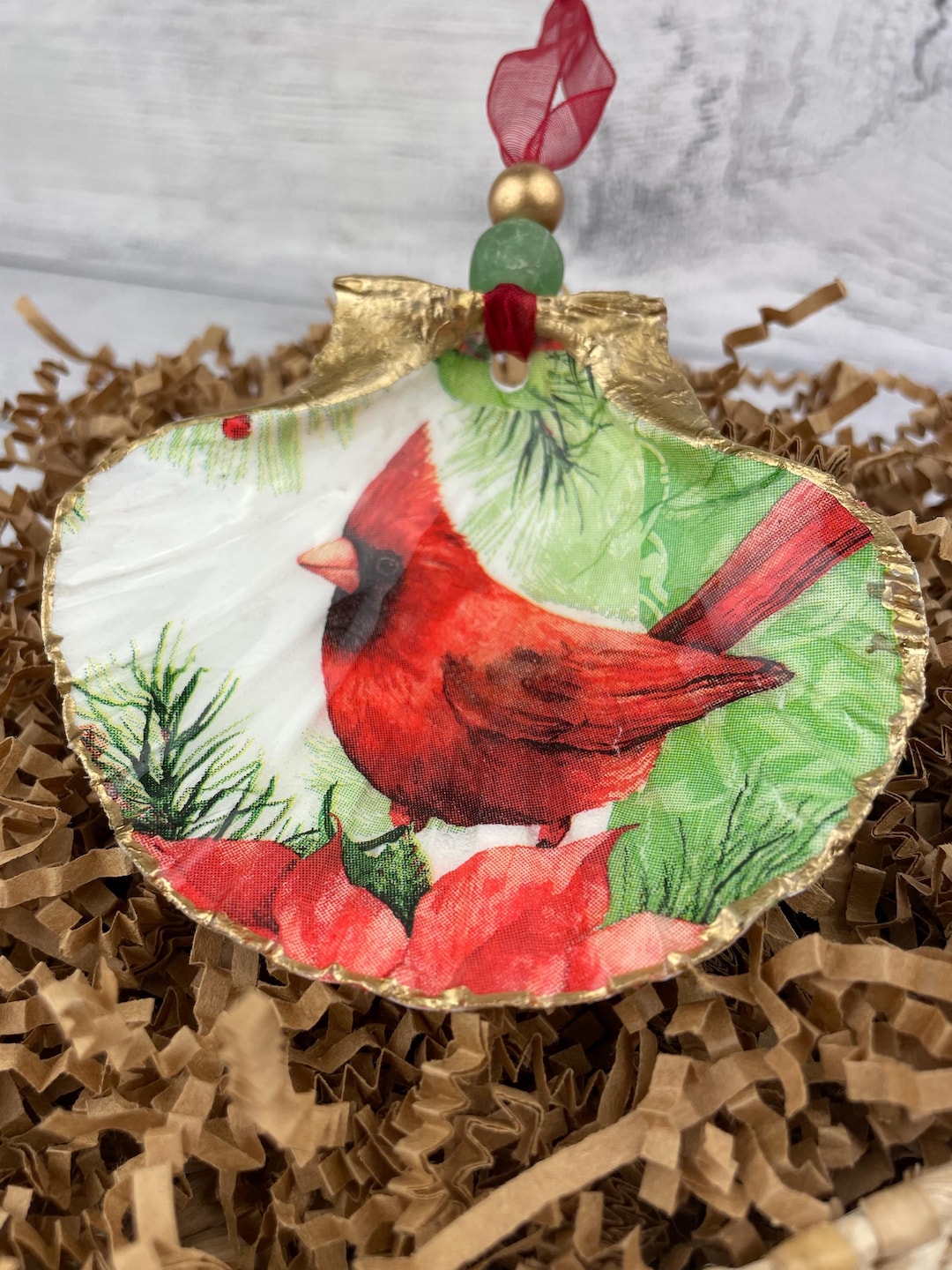 Large Cardinal Scallop Shell Ornament With Gold Accents and a Glossy ...