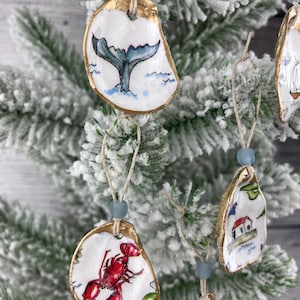 Set of 6 Mini Cape Cod Themed Oyster Shell Ornaments With Gold Accents and Glass Bead, Coastal ...