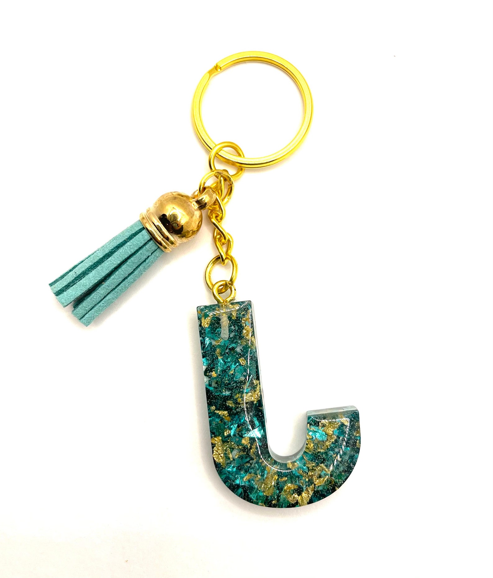 Turquoise Resin Letter Keychain with Gold Flakes and a Tassel | Etsy