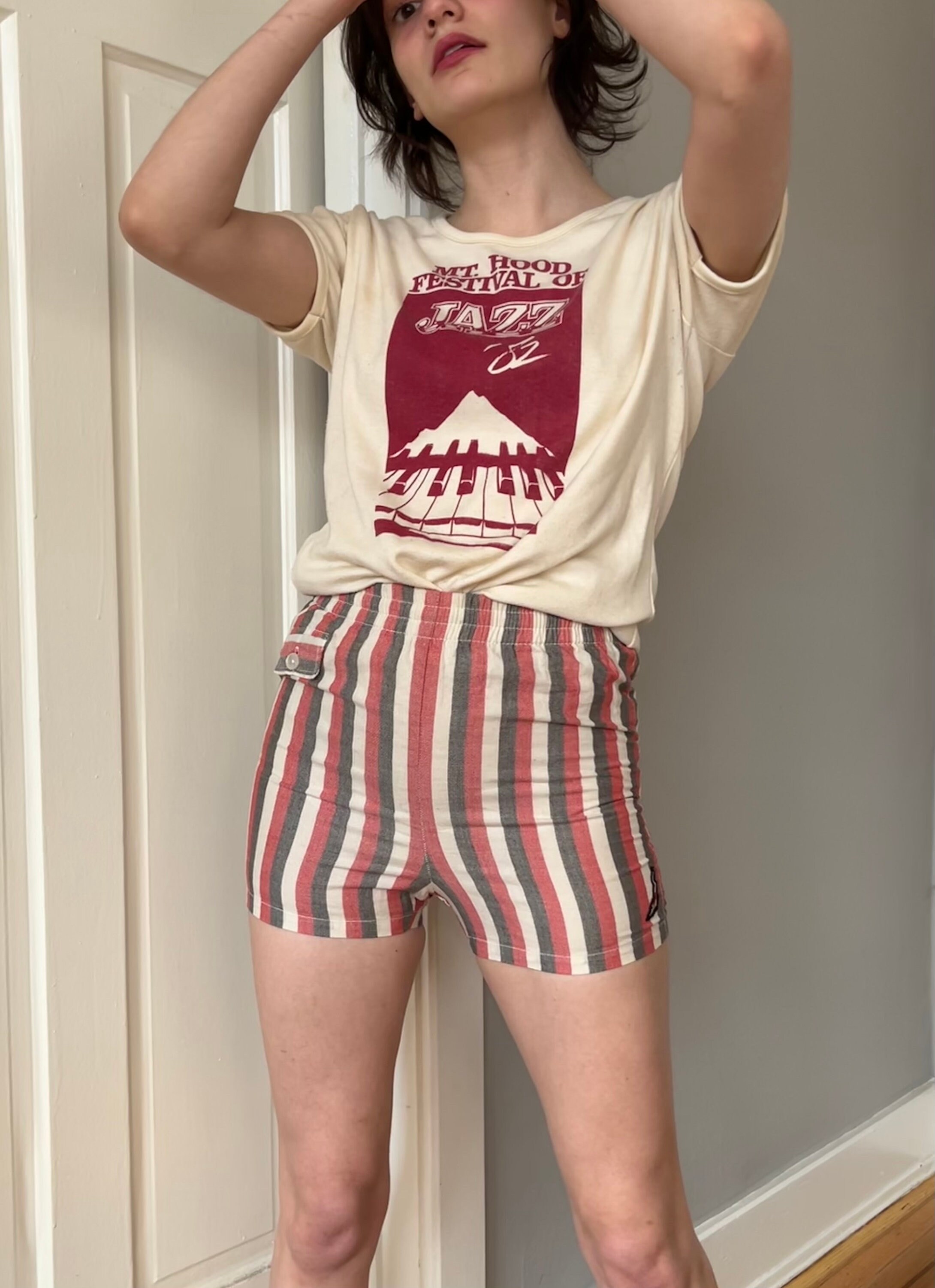 1960s Jantzen Shorts / Red Charcoal & White Striped Swim Shorts ...