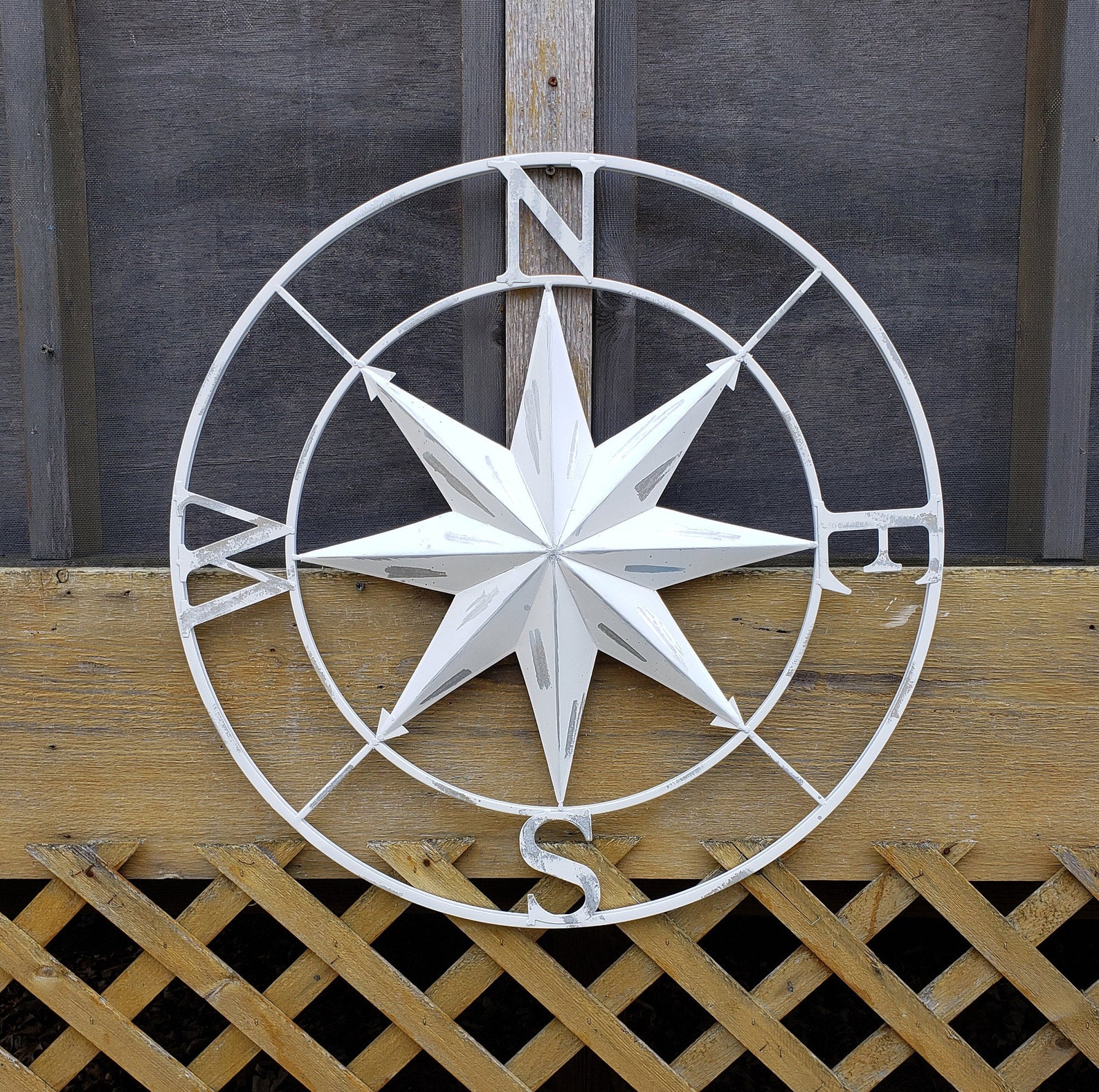 Distressed White Compass Rose/ Large Metal Wall Art / Nautical - Etsy