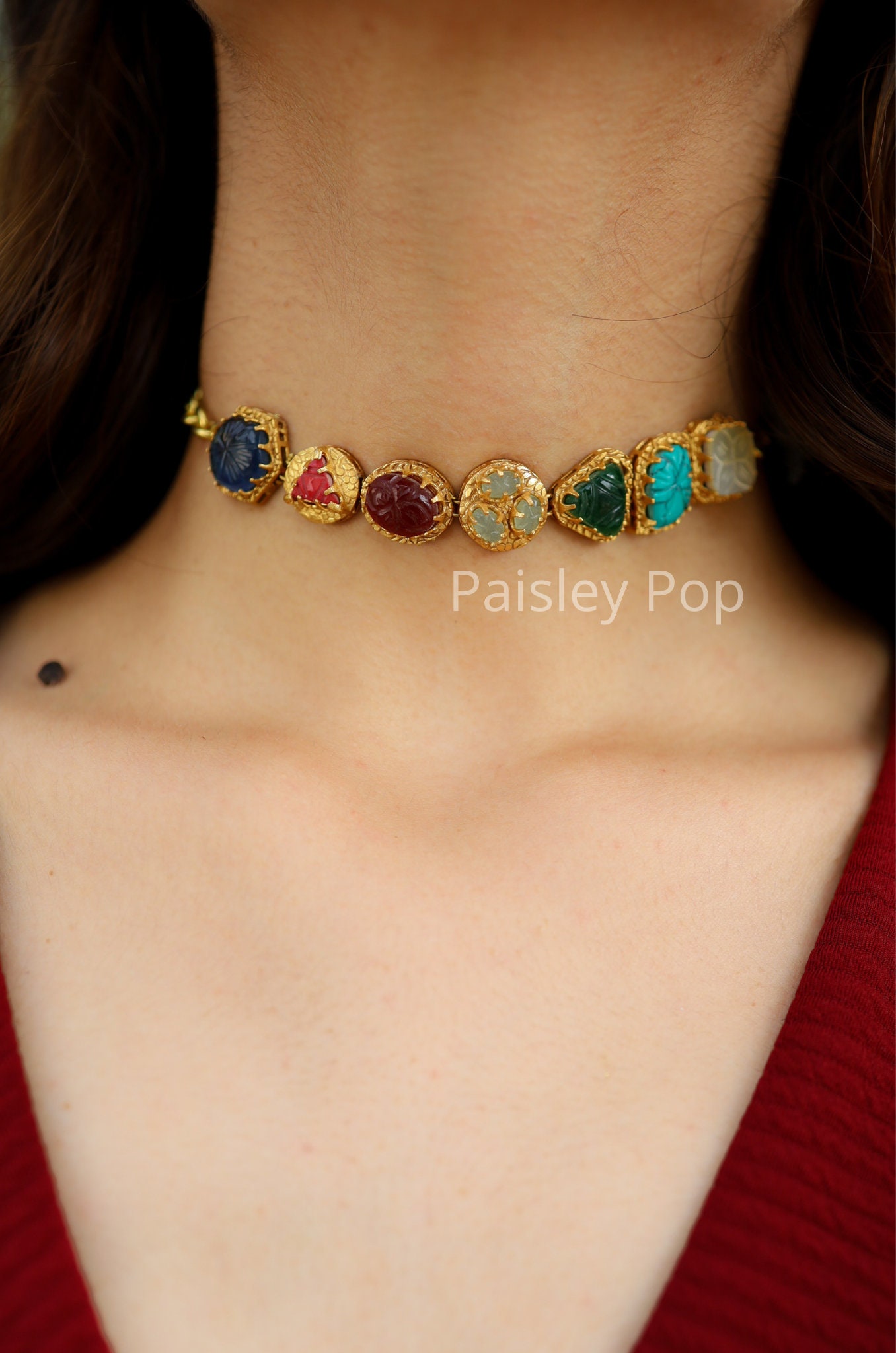Multicolor Stone Choker / Stone Necklace / Gold Choker / - Etsy