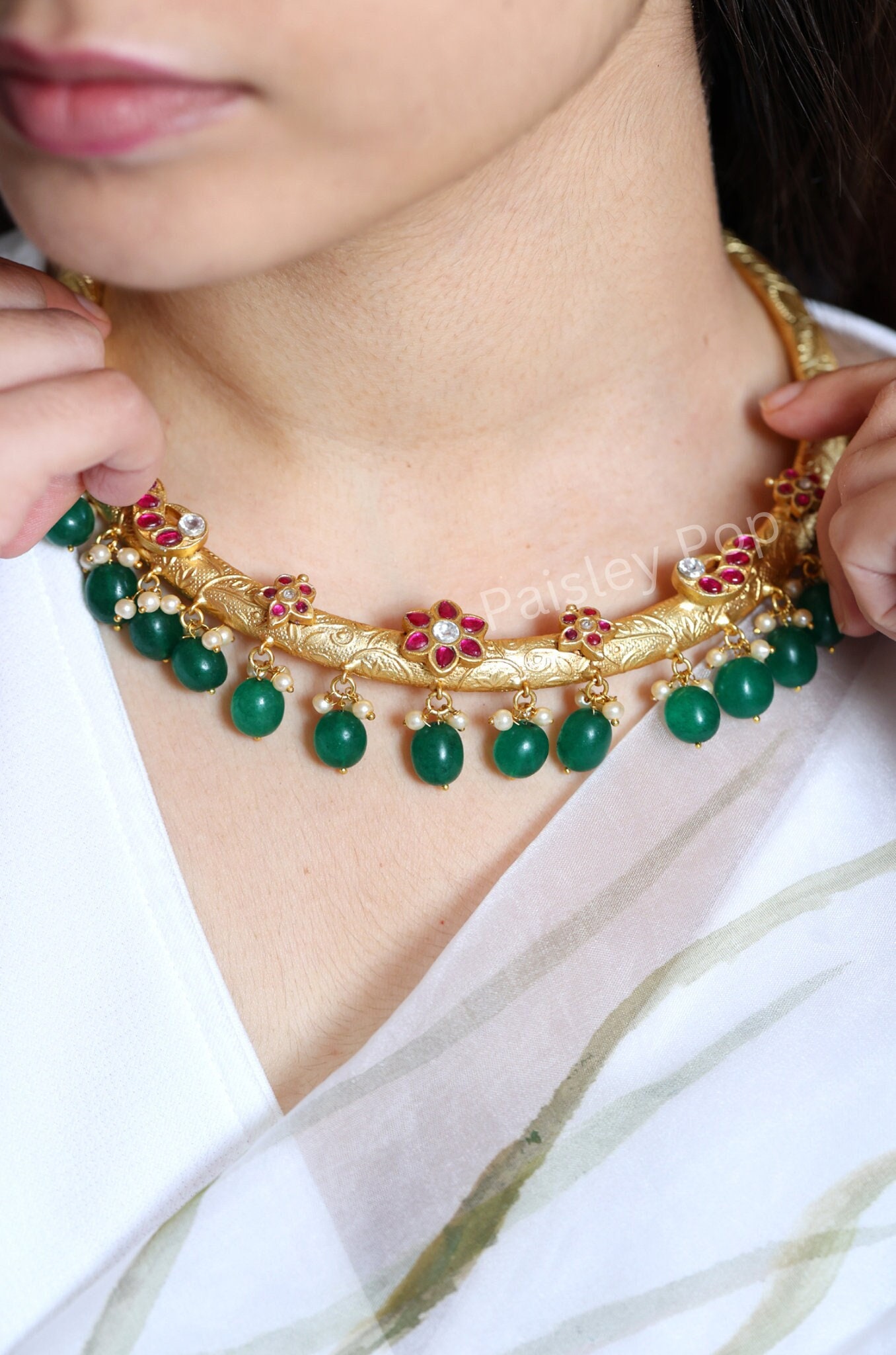 Gold Plated Pink Hasli Necklace Green Choker Necklace Bridal Indian ...