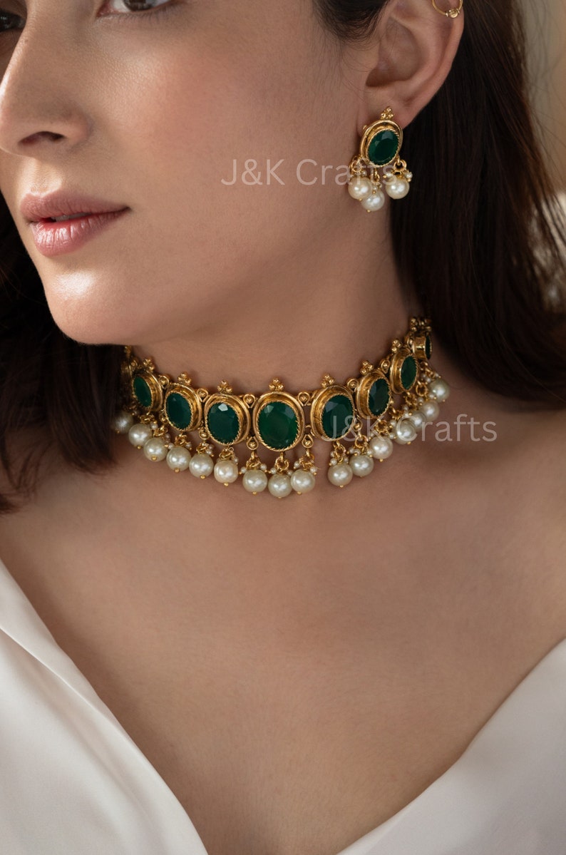 Jade Green Necklace Set Emerald Green Gold Plated Choker Bridal Jewelry ...