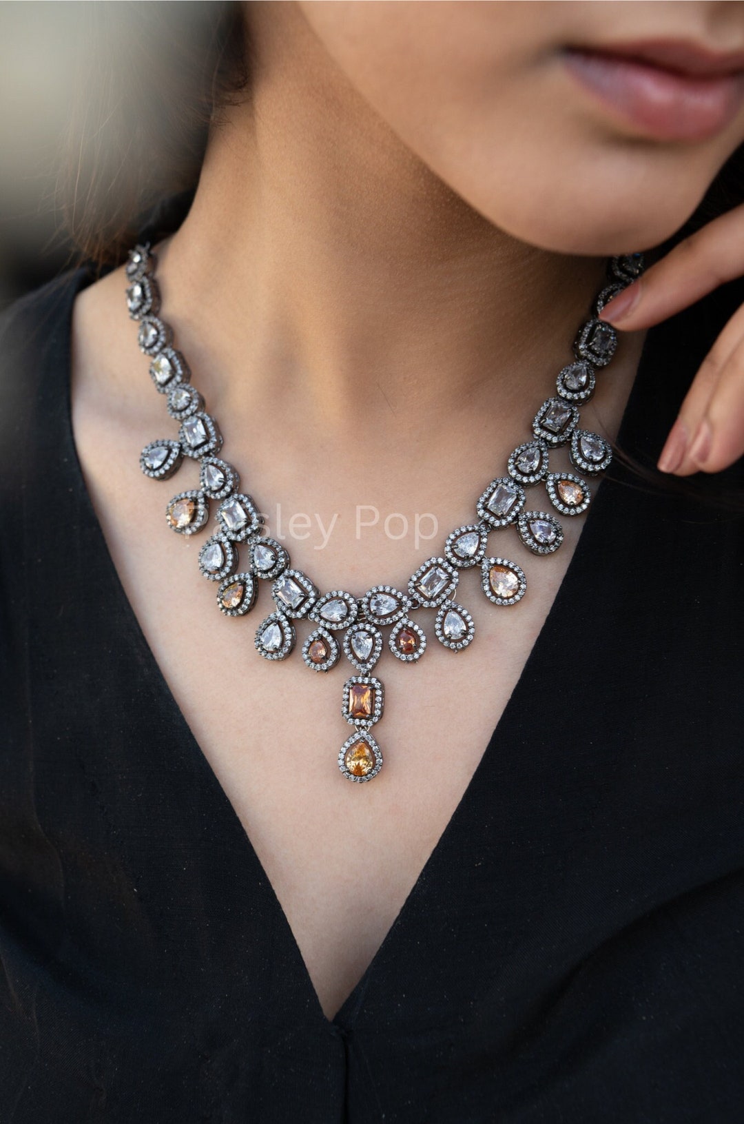 Silver Victorian Necklace: Champagne Cubic Zirconia, Indian Jewelry - Etsy