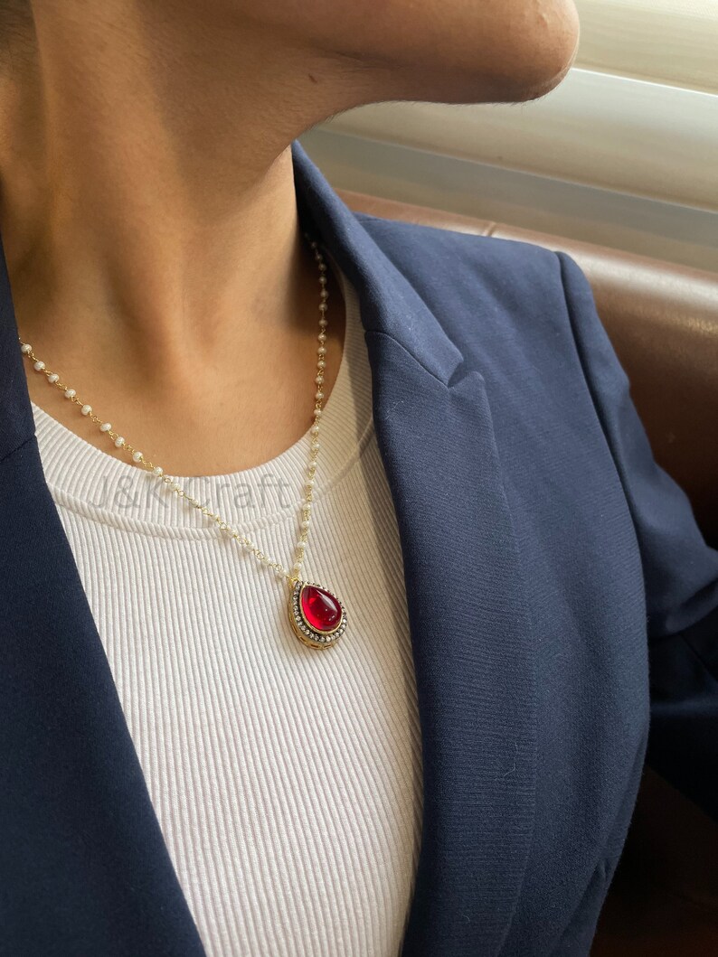 Ruby Red Pendant Necklace | Red Teardrop Pendant | Delicate Victorian ...