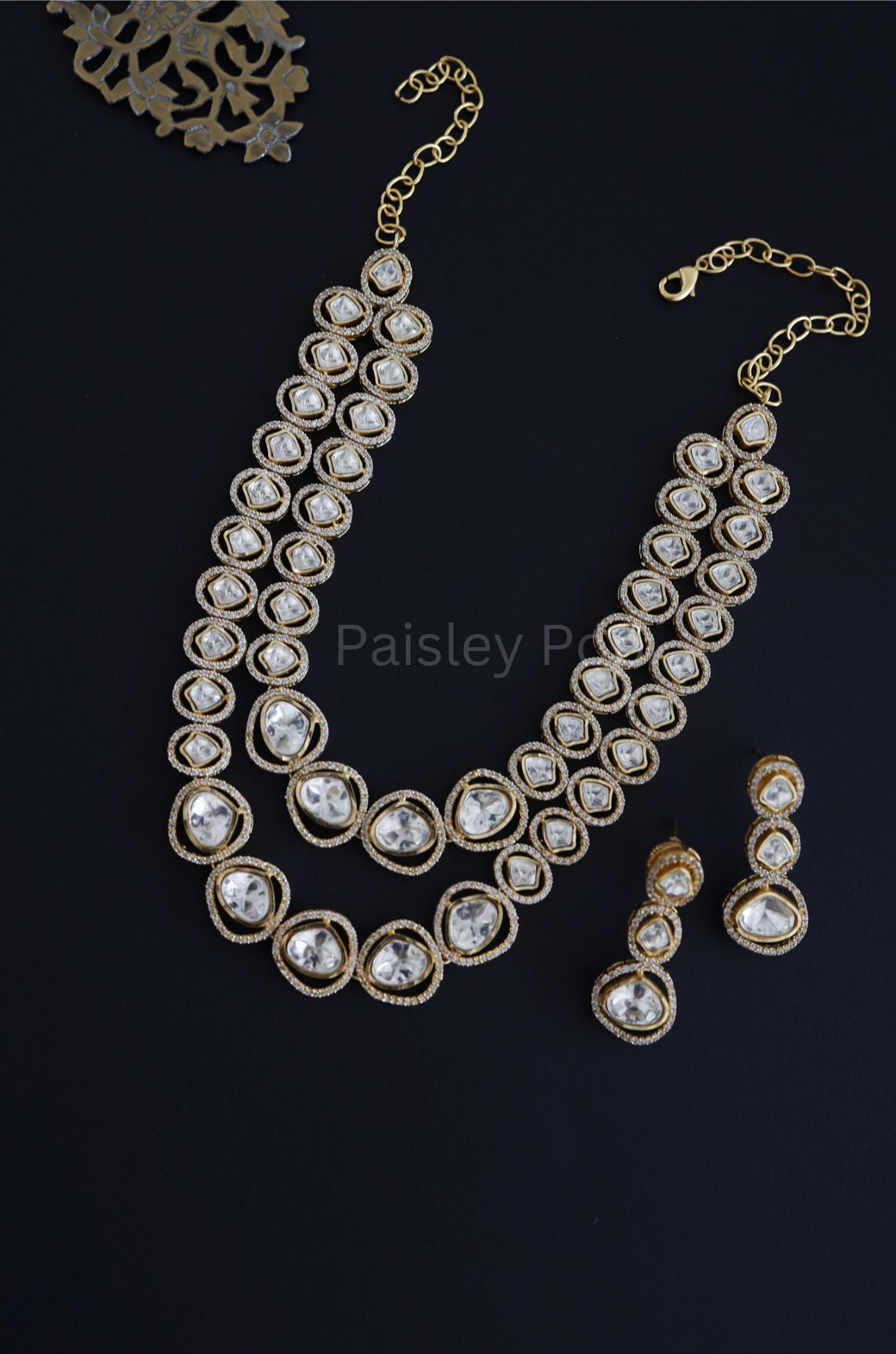 Victorian Uncut Polki Gold Plated Necklace Set / Uncut Polki Earrings / Double Layered Polki ...