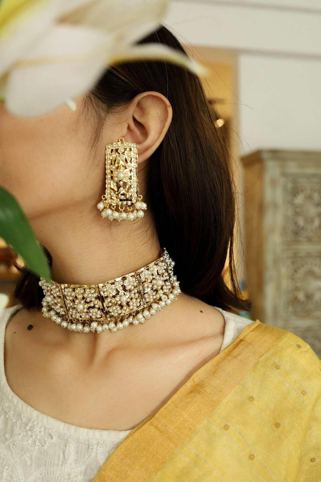 Jadau Gold Plated Pearl Necklace Set - Etsy