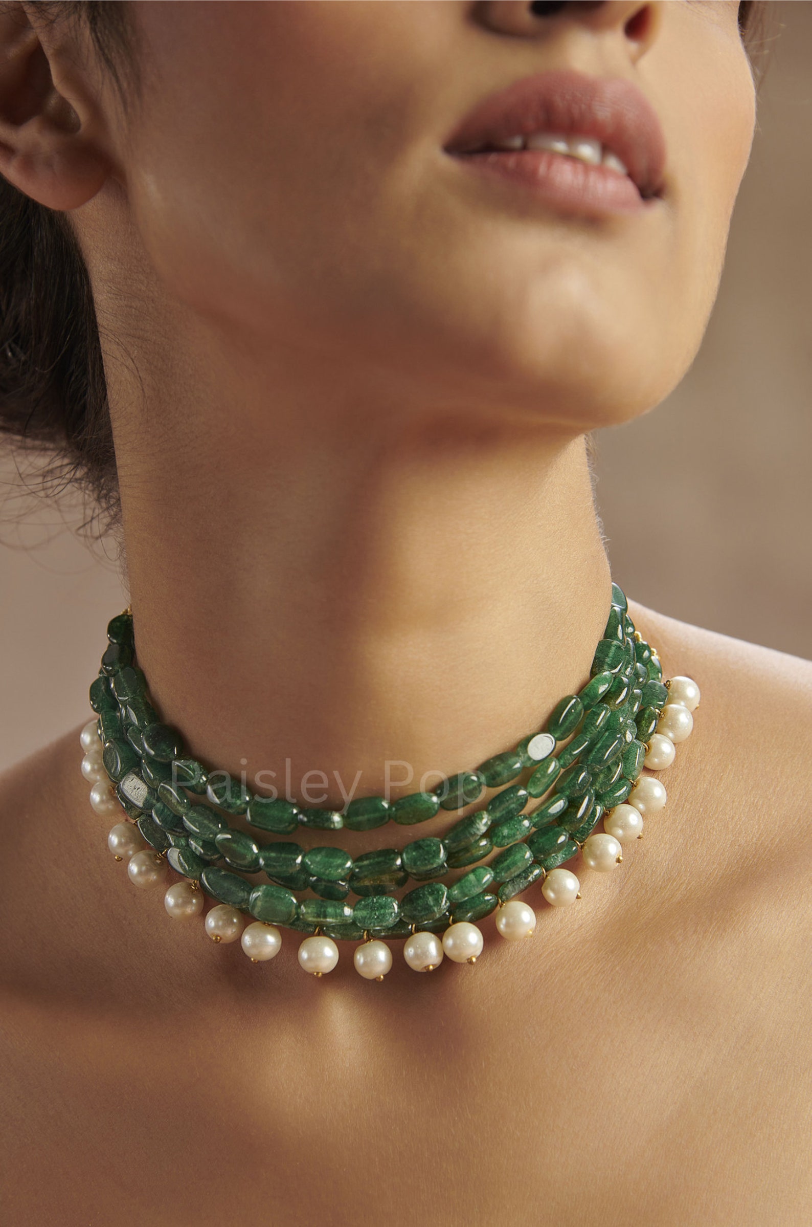Jade Green Stone Choker Necklace With Pearls / Green Necklace / Green ...
