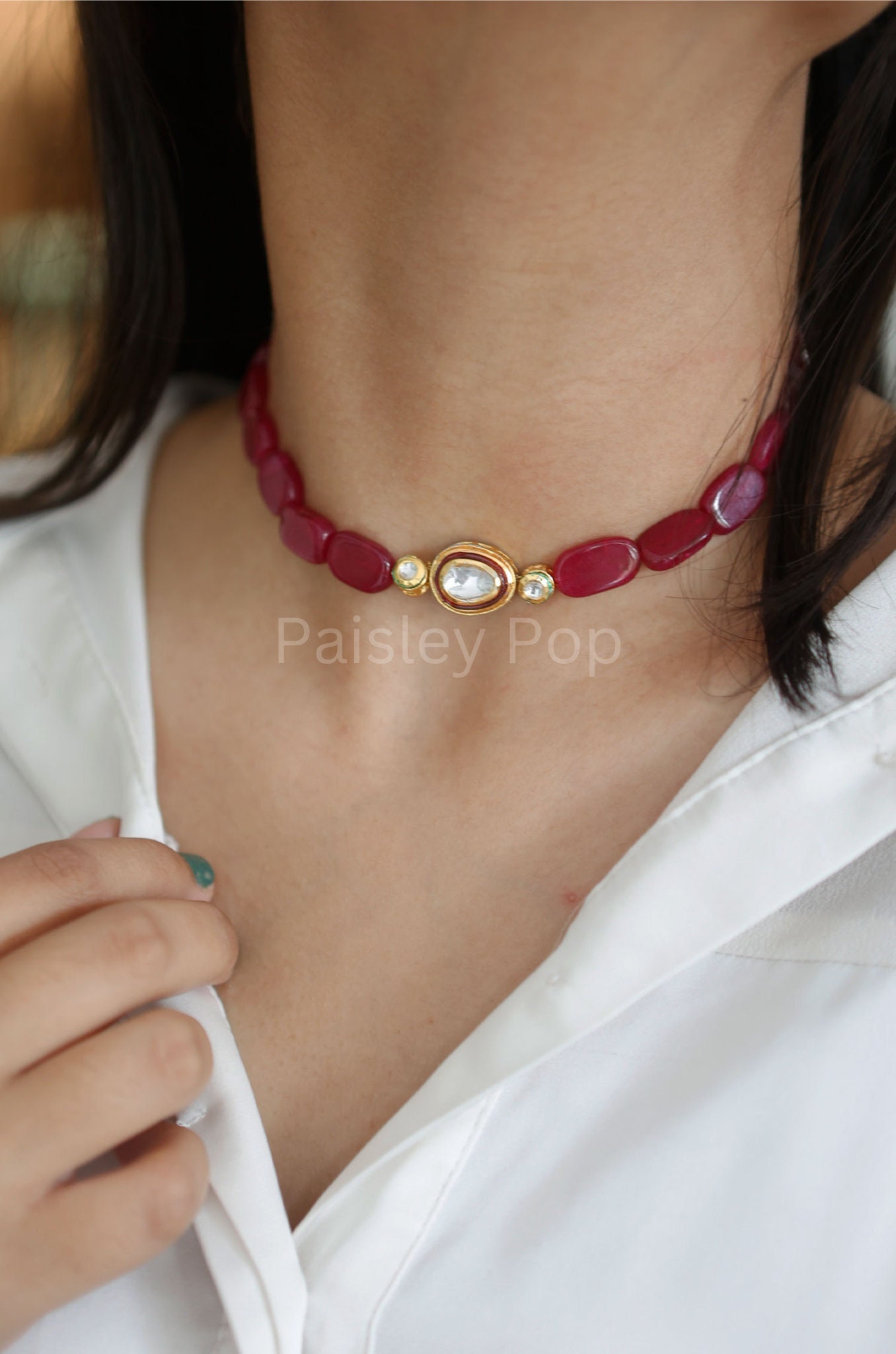 Red Agate Stone Choker Necklace / Kundan Choker Necklace / - Etsy