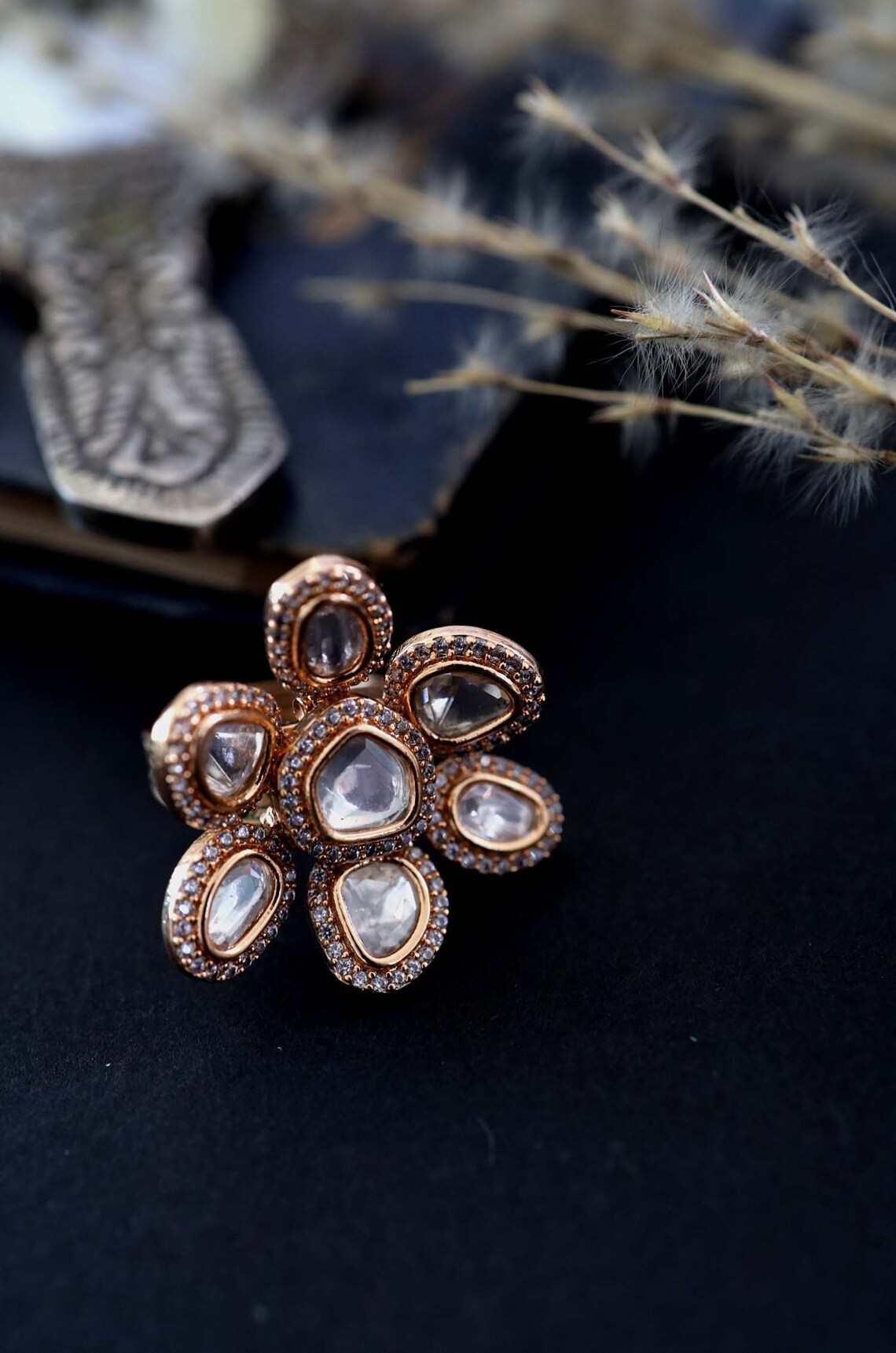 Rose Gold Polki and Cubic Zirconia Ring/ Floral Cocktail Polki - Etsy