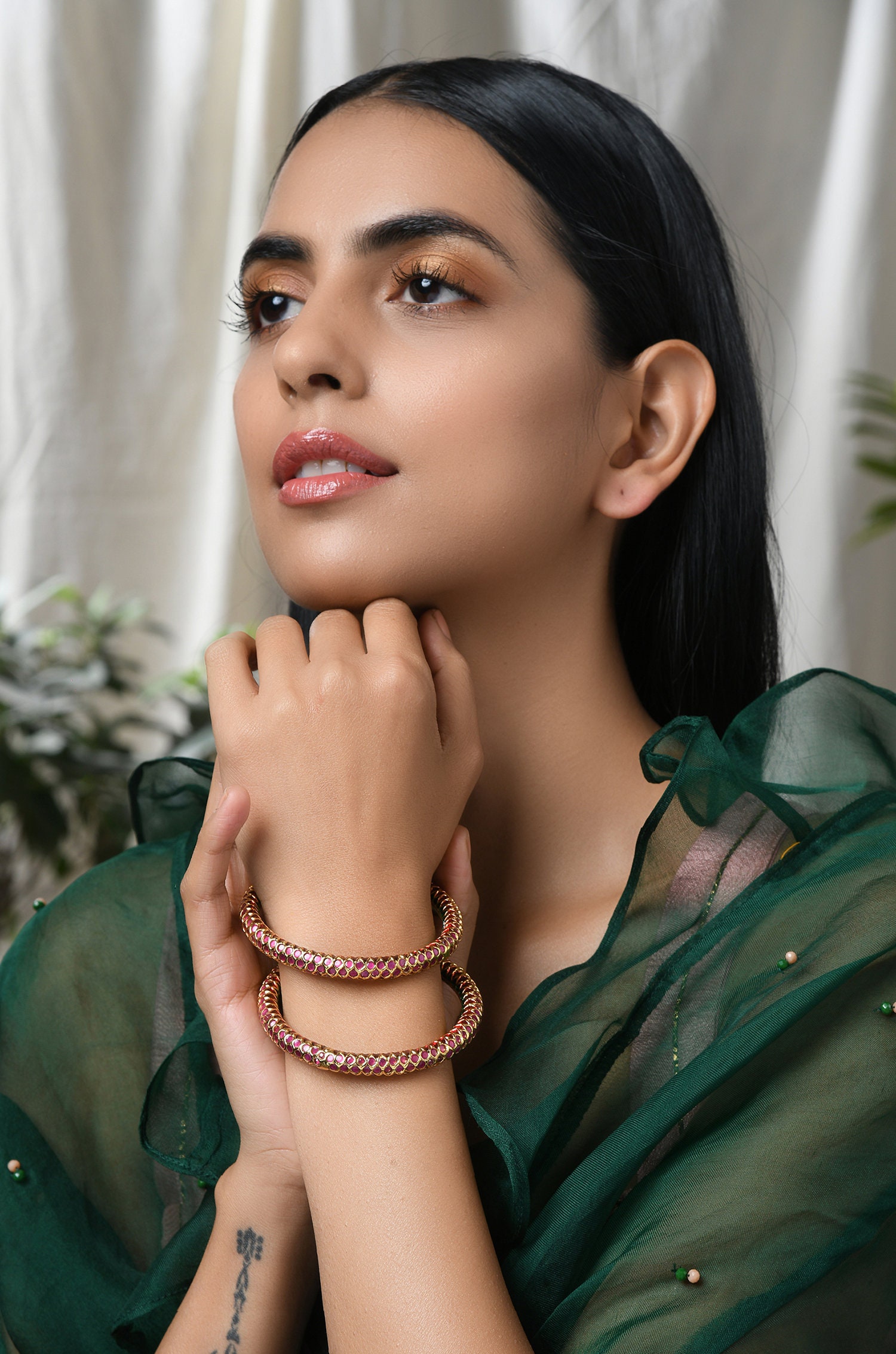 Emerald Ruby Red Stone Studded Punjabi Jadau Gold Plated Indian Bangles ...