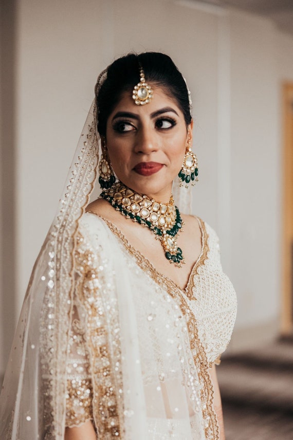 Emerald Green Gold Plated Kundan Polki Bridal Indian Choker Necklace Set Emerald Green Choker Necklace Set With Stud Earrings Etsy