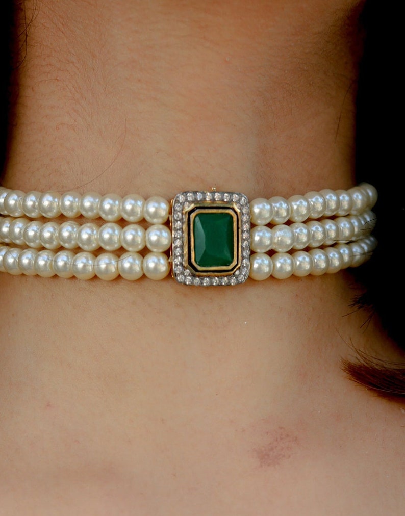 Green Rhodium Plated Pearl Choker/ Green Choker Necklace/ - Etsy