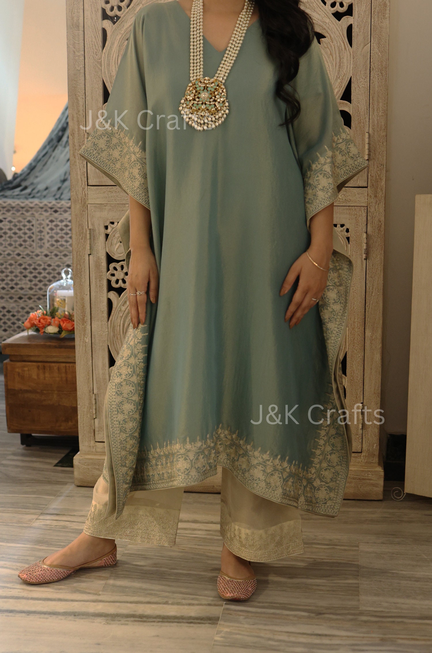 Pakistani Kaftan Kurta Set Pastel Eid Outfit Kashmiri Tilla Work Kurta ...