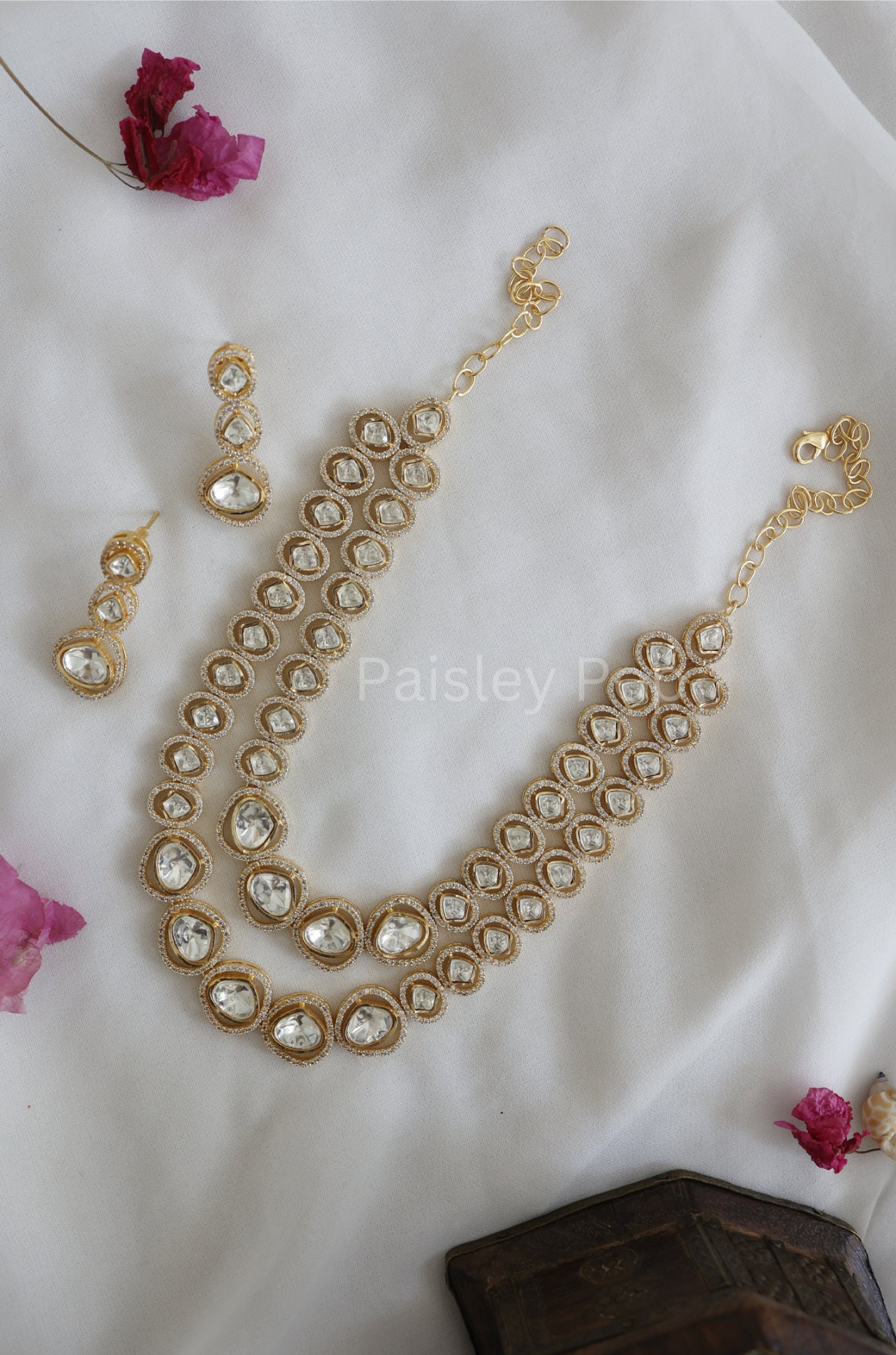 Victorian Uncut Polki Gold Plated Necklace Set / Uncut Polki Earrings / Double Layered Polki ...