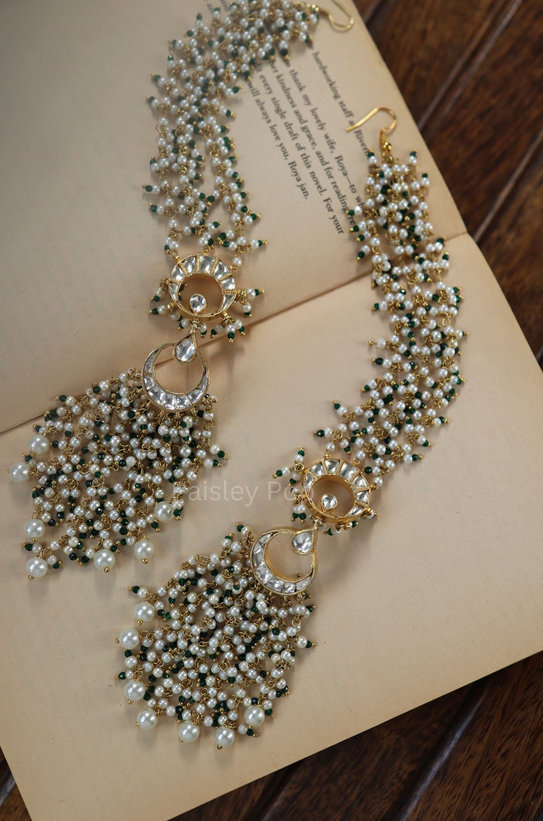 Green Kundan Earrings | Traditional Hair Chain Earrings | Pearl ...