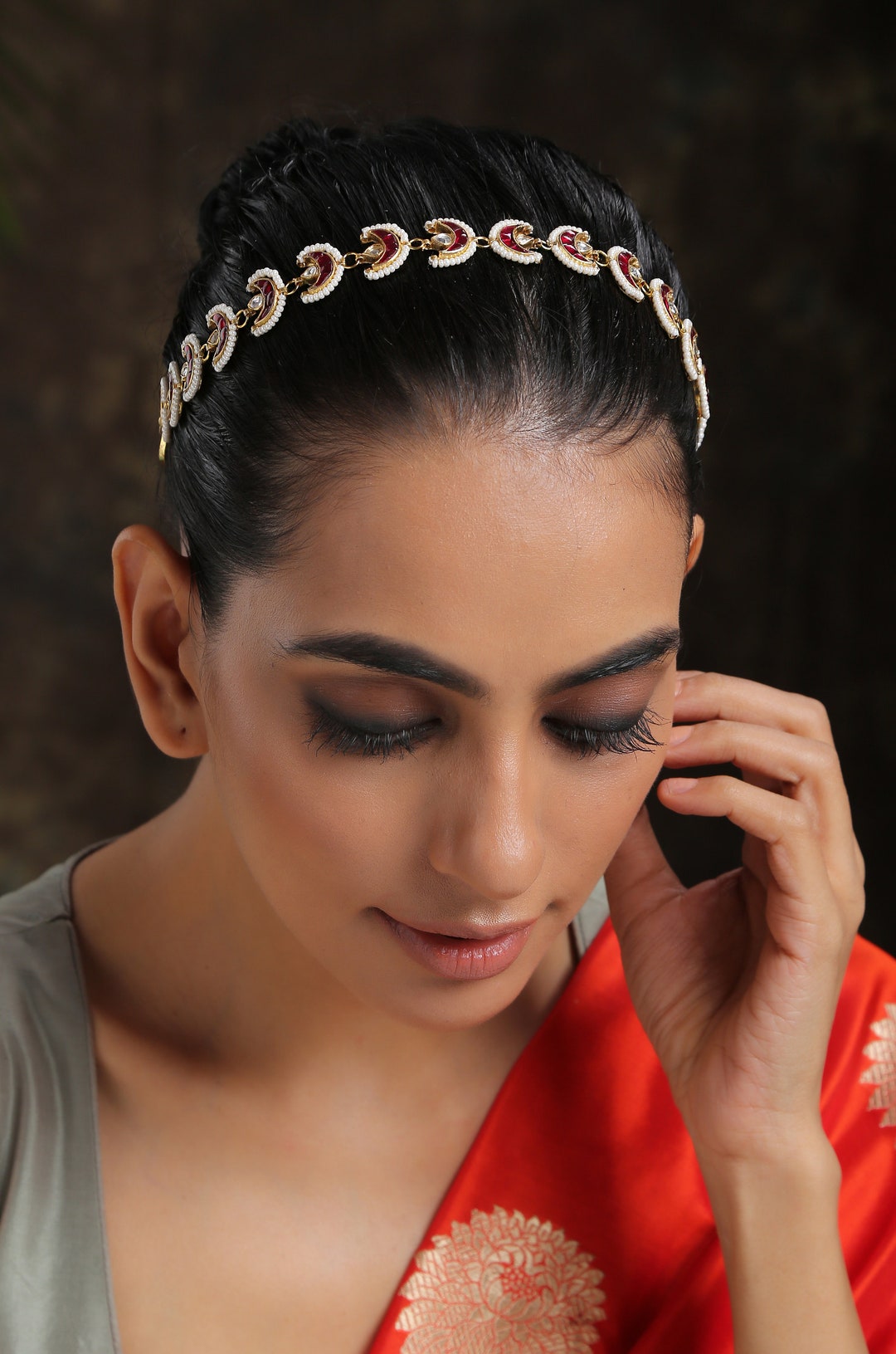 Gold Plated Kundan Headband: Red Ruby & Pearl Indian Headpiece - Etsy