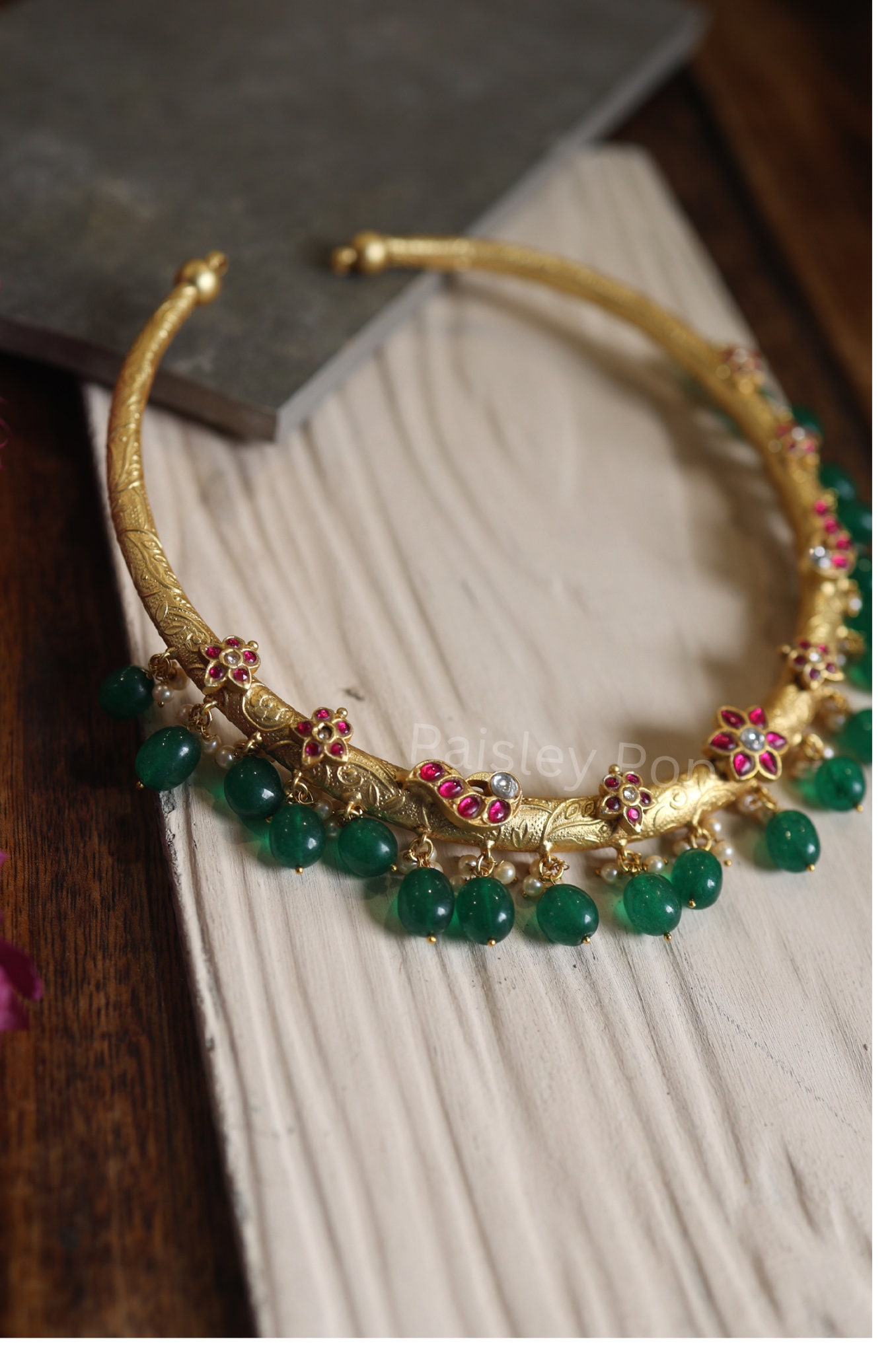 Gold Plated Pink Hasli Necklace Green Choker Necklace Bridal Indian ...