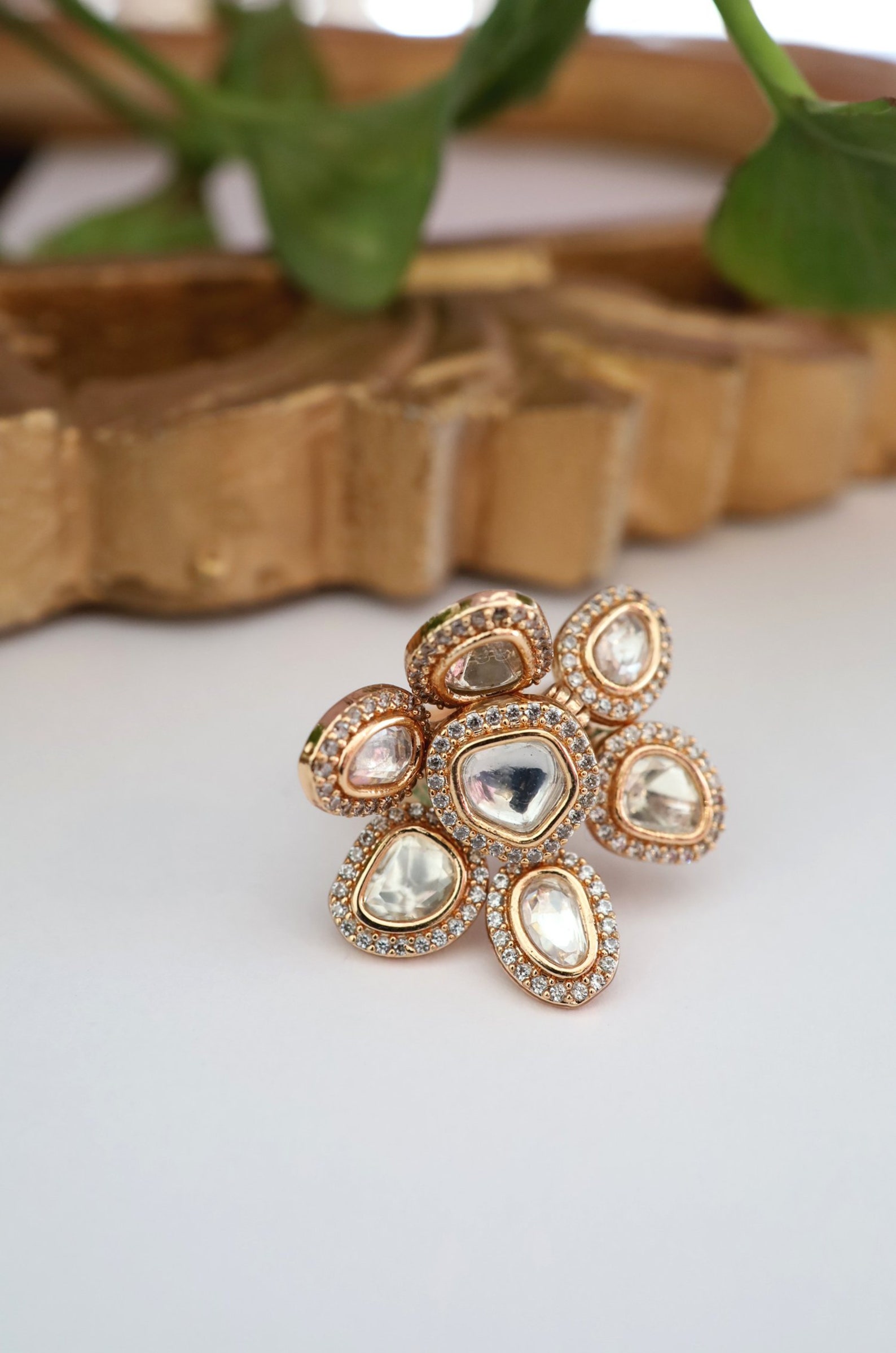 Rose Gold Polki and Cubic Zirconia Ring/ Floral Cocktail Polki - Etsy