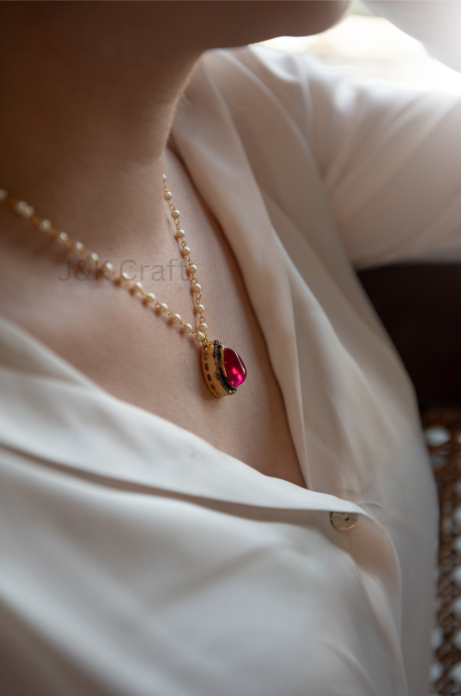 Ruby Red Pendant Necklace | Red Teardrop Pendant | Delicate Victorian ...