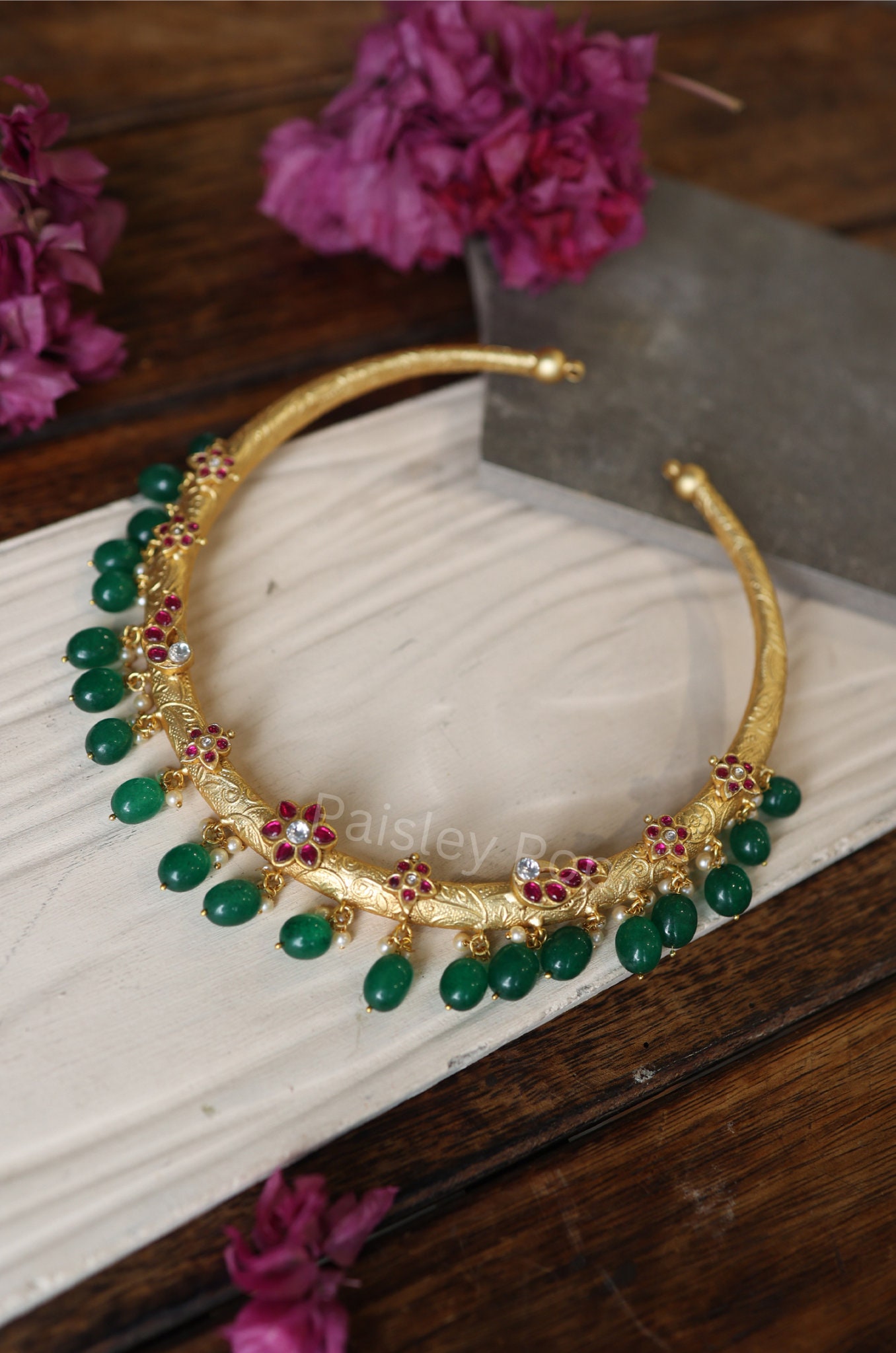 Gold Plated Pink Hasli Necklace Green Choker Necklace Bridal Indian ...