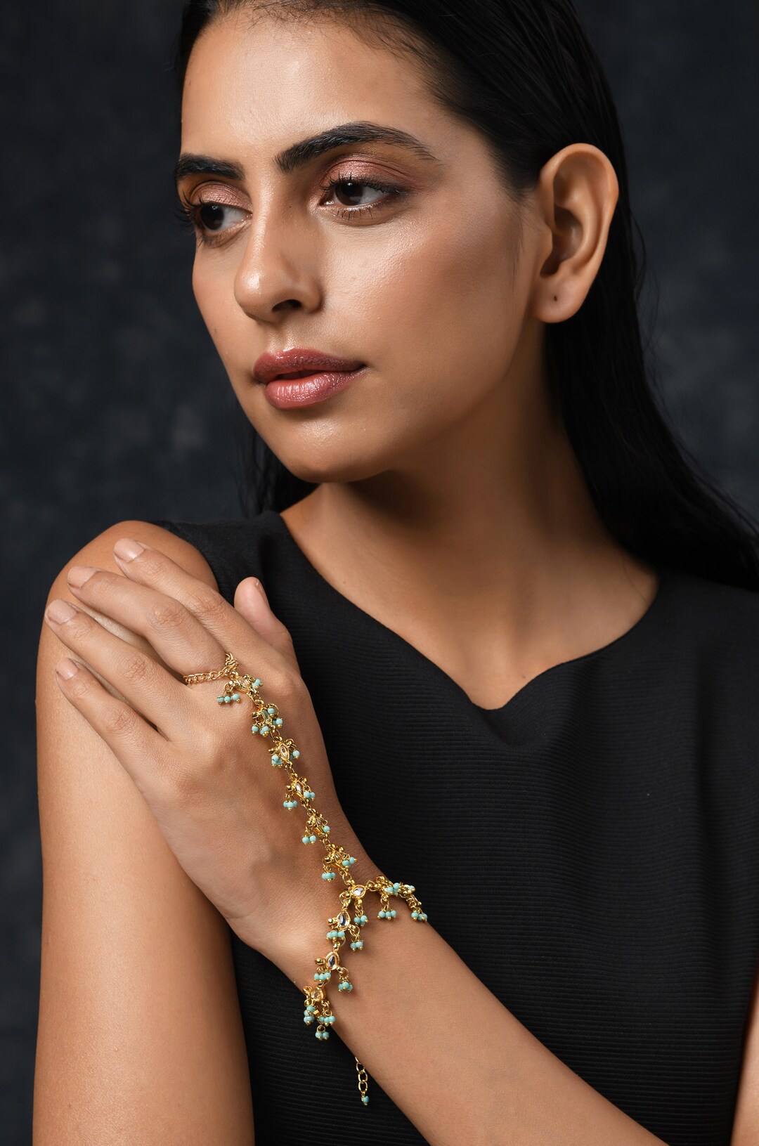 Kundan Turquoise Hathphool/ Gold Tone Kundan Inspired Hathphool ...