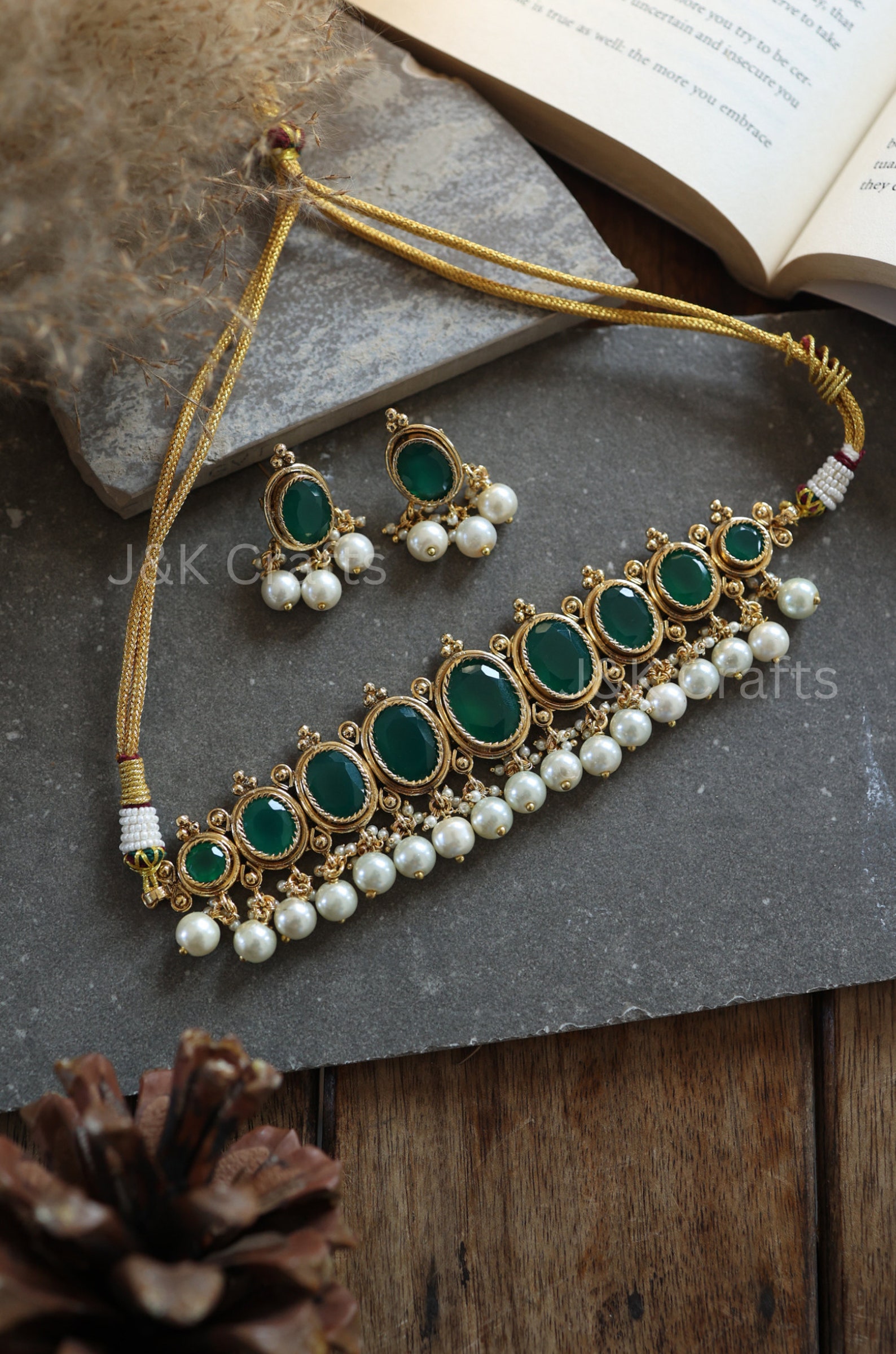 Jade Green Necklace Set Emerald Green Gold Plated Choker Bridal Jewelry ...