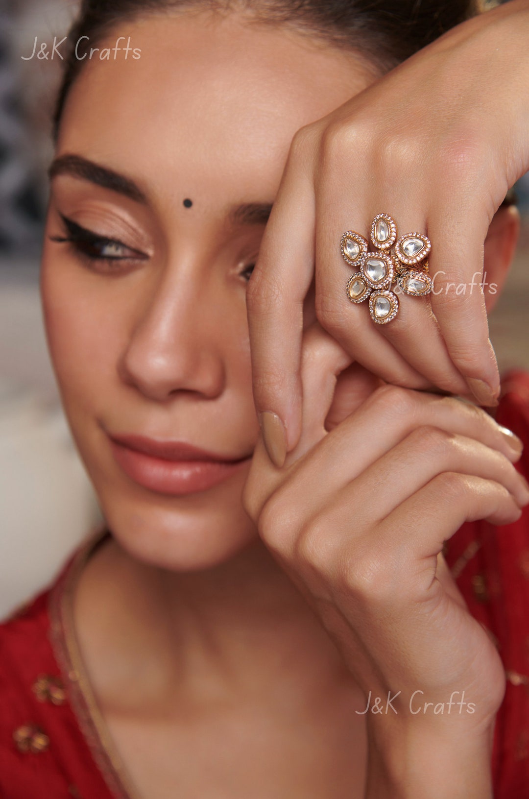 Rose Gold Polki and Cubic Zirconia Ring/ Floral Cocktail Polki Ring ...