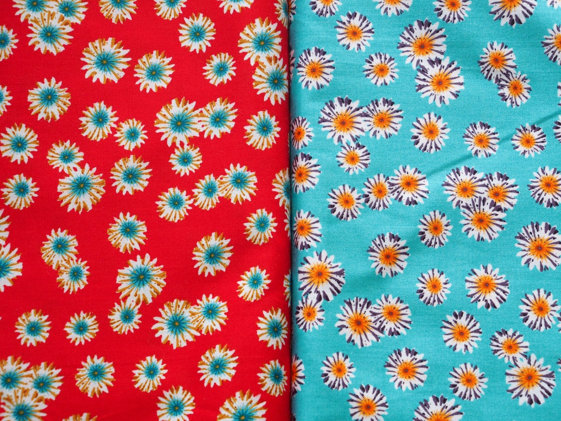 Fabric Sunflowers Red Background / Turquoise | Etsy