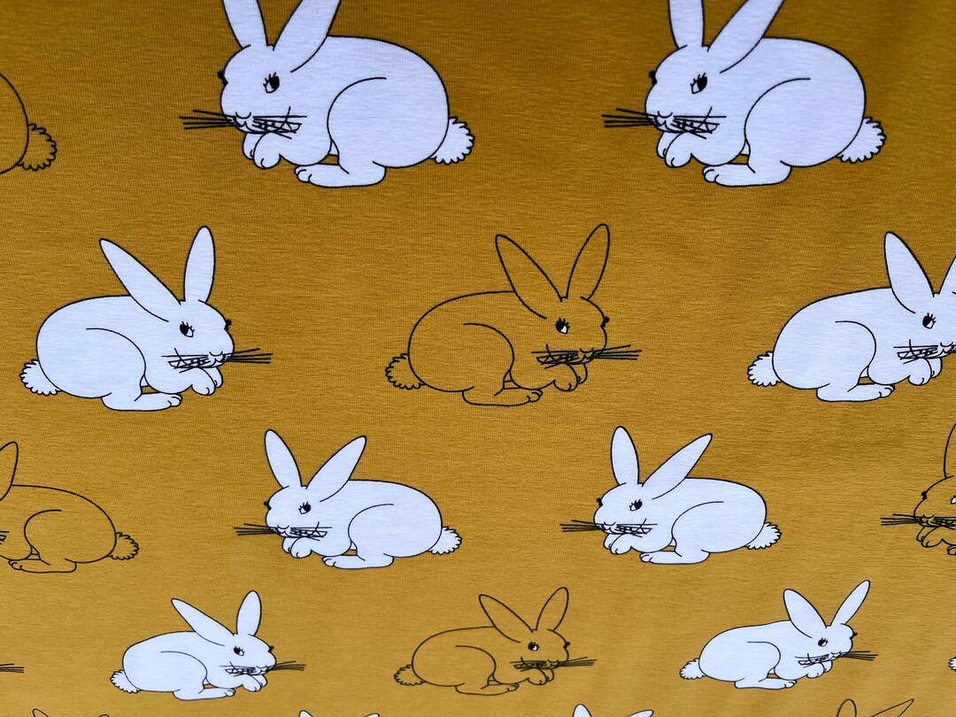 Jersey Fabric - Tender White Rabbits - Amber Color - Oeko Tex Standard ...