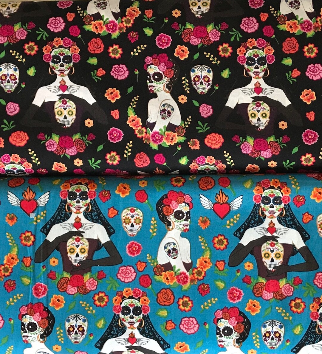 Fabric Dia De Los Muertos Blue or Black - Etsy