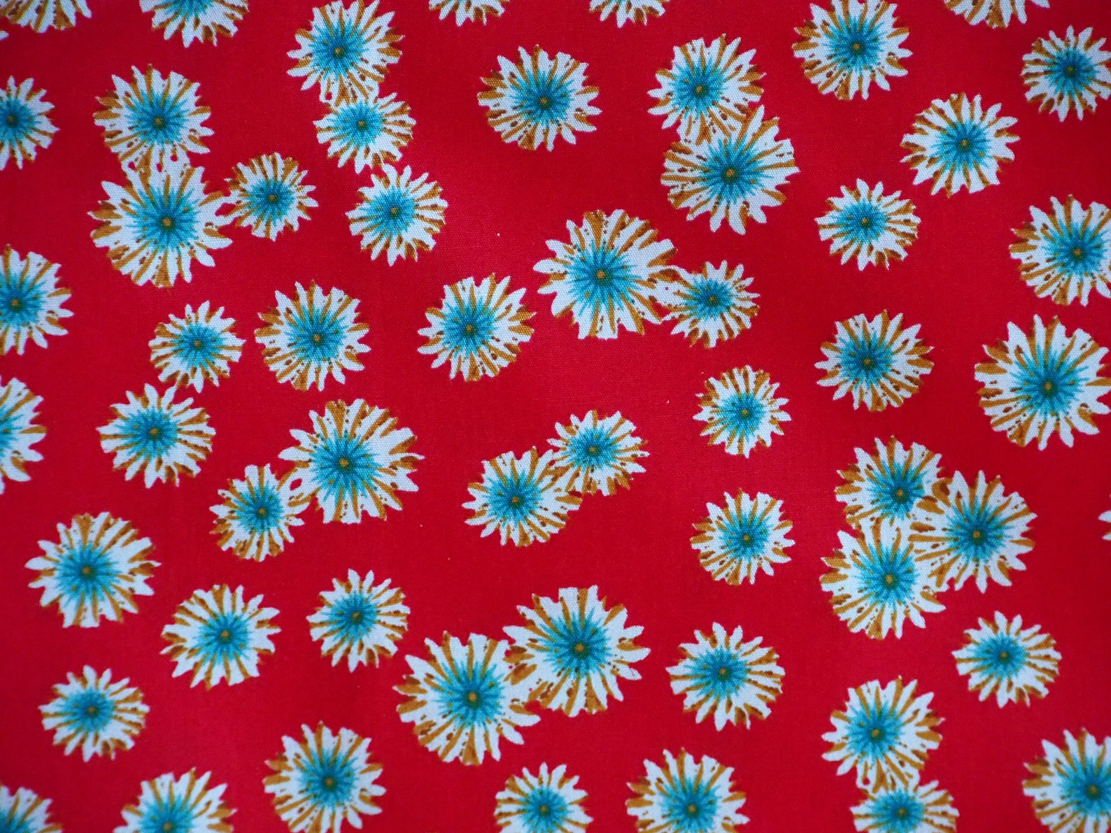 Fabric Sunflowers Red Background / Turquoise | Etsy