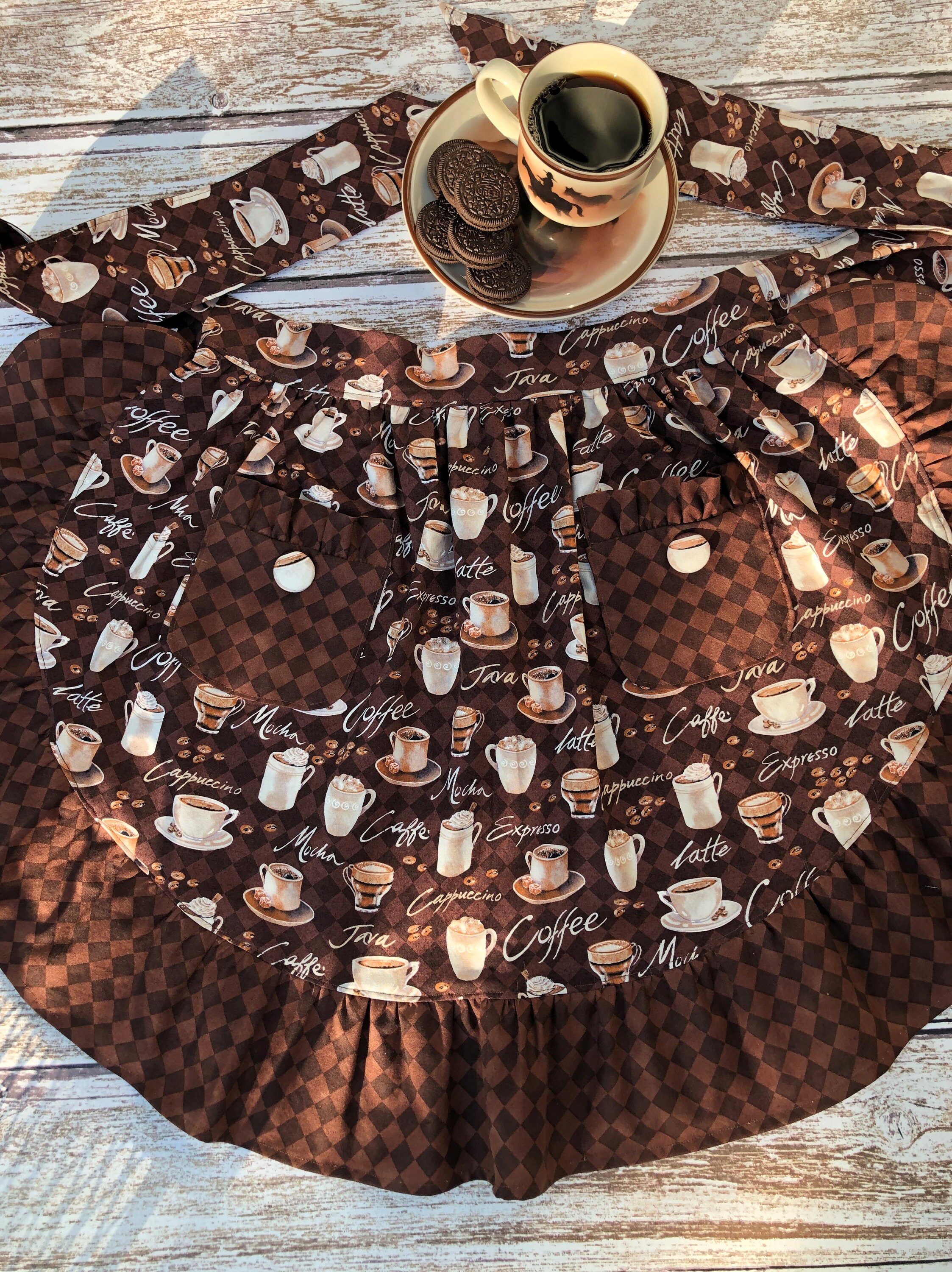 Kitchen Apron Barista Half Apron Brown and Cream Designer Apron Morning ...