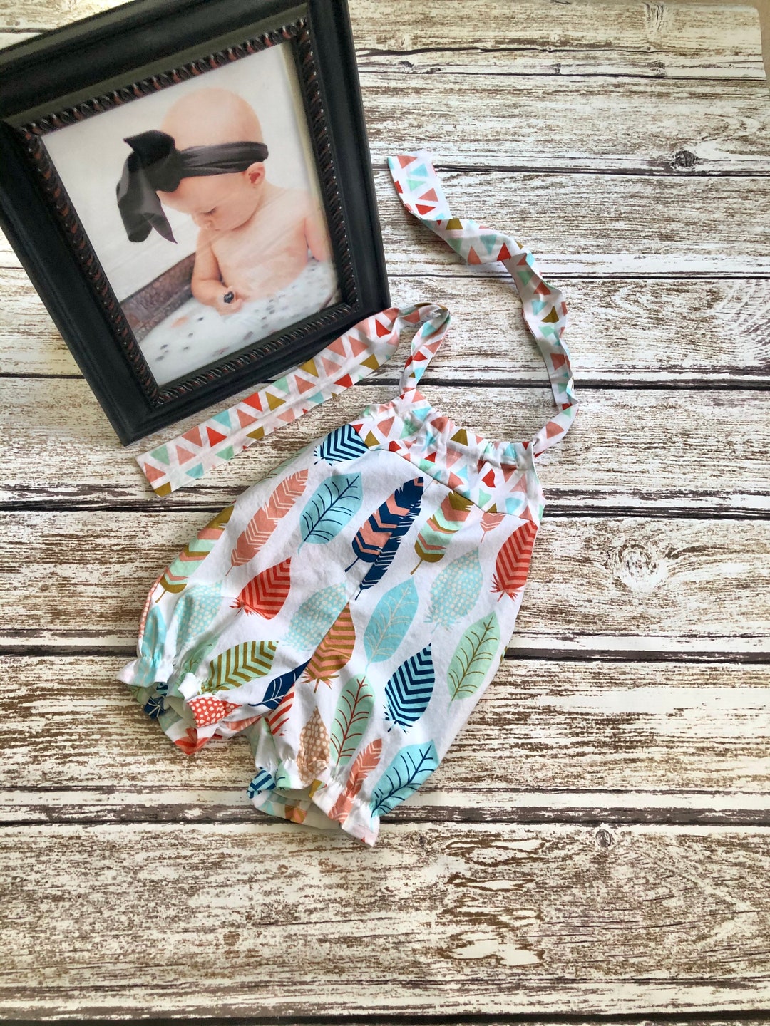 Feather Baby Romper: Mint Green, Orange & Blue Halter Neck Cotton ...