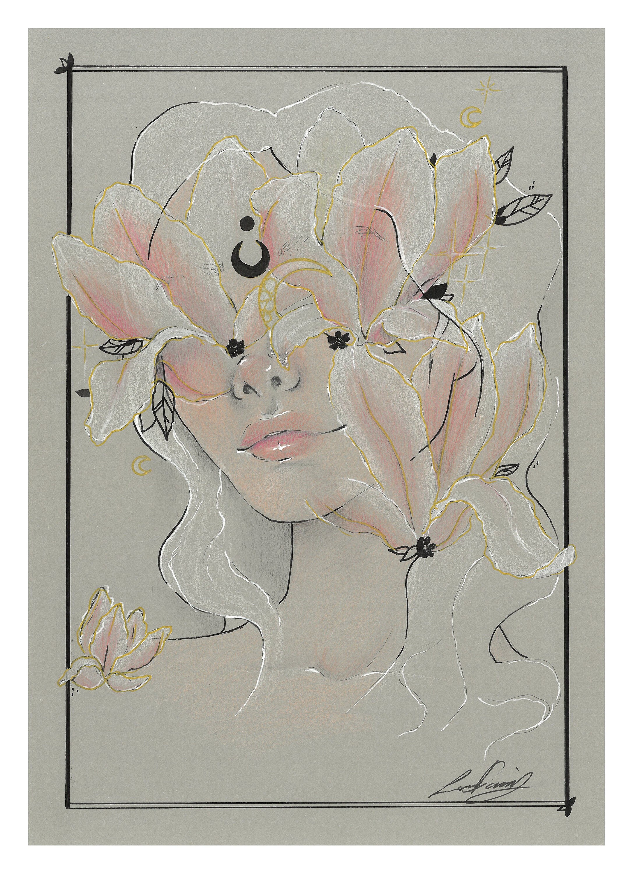 Original Art, Moon, Moon Goddess Art, Magnolia Flower Art, Pencil ...